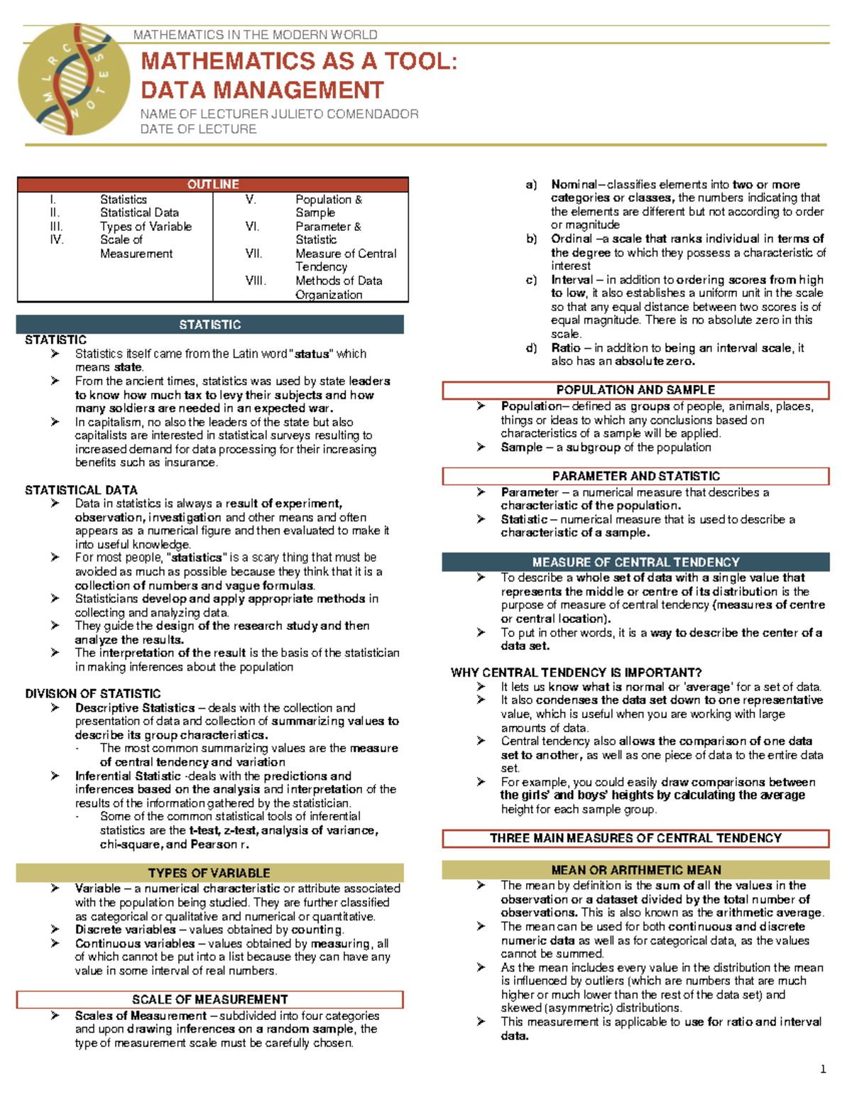Copy of Week 3-4 - statistics - MATHEMATICS IN THE MODERN WORLD 1 ...