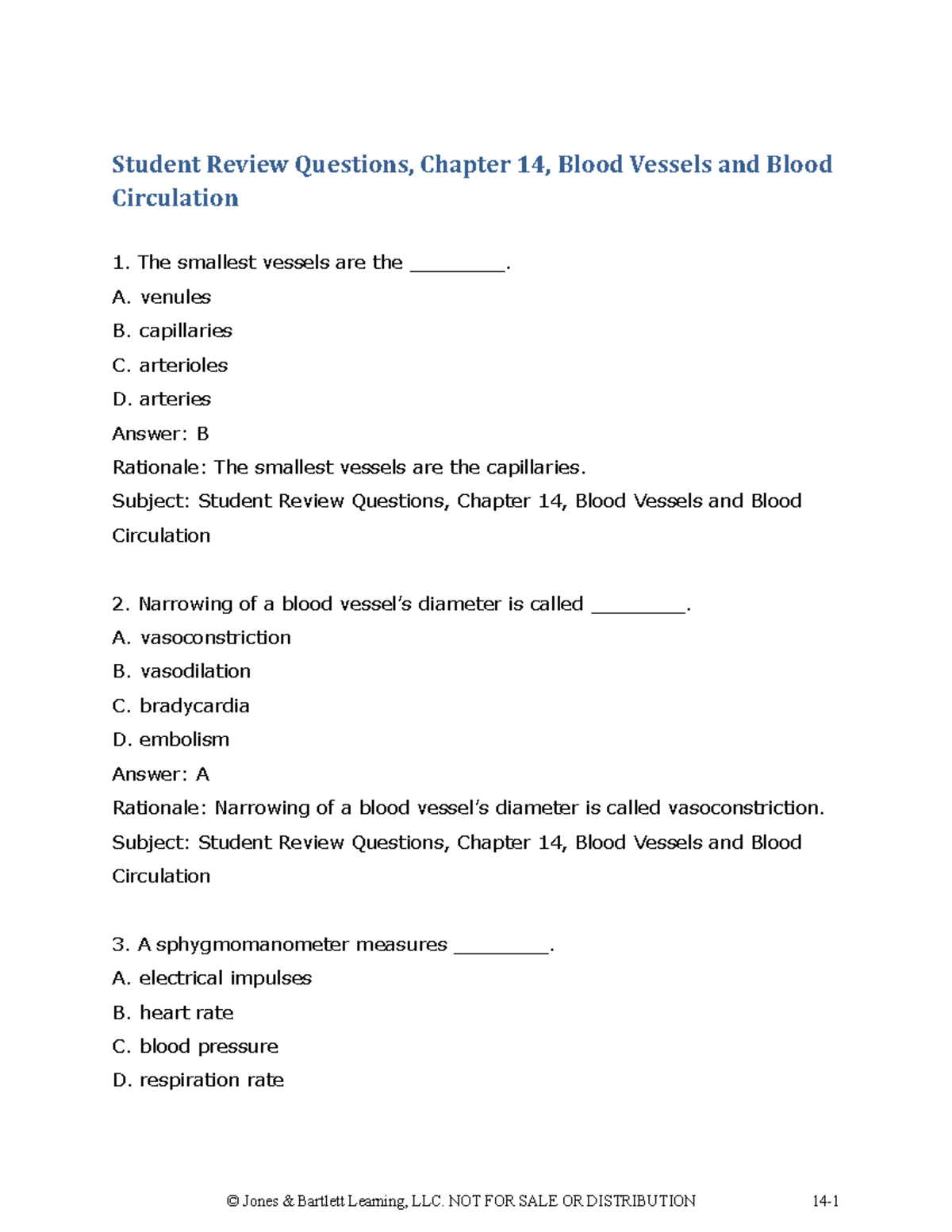 Student Review Questions Chapter 14 Blood Vessels and Blood Circulation ...