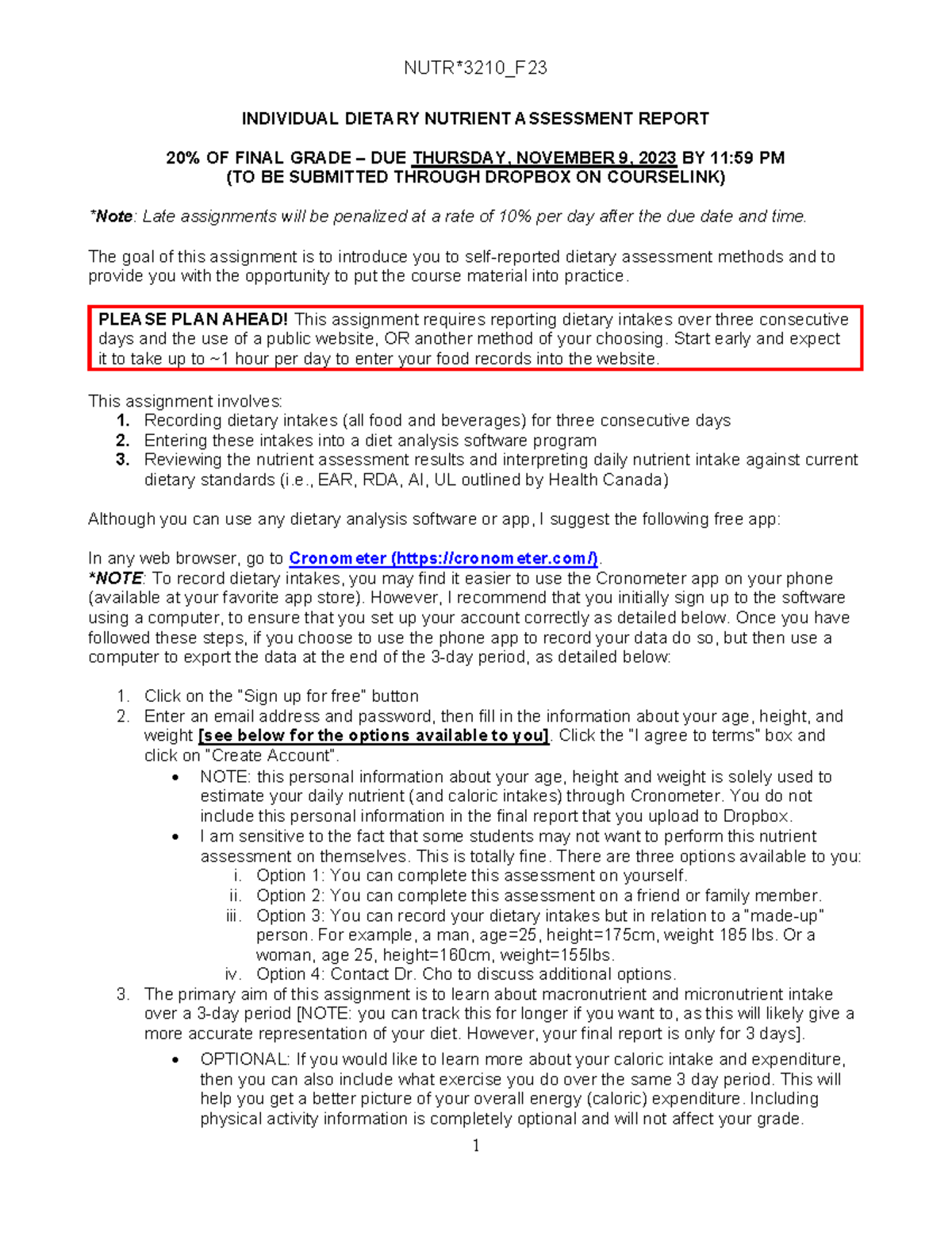 NUTR 3210 Nutrient Assessment Report Assignment Instructions - Fall 2023 - INDIVIDUAL DIETARY ...