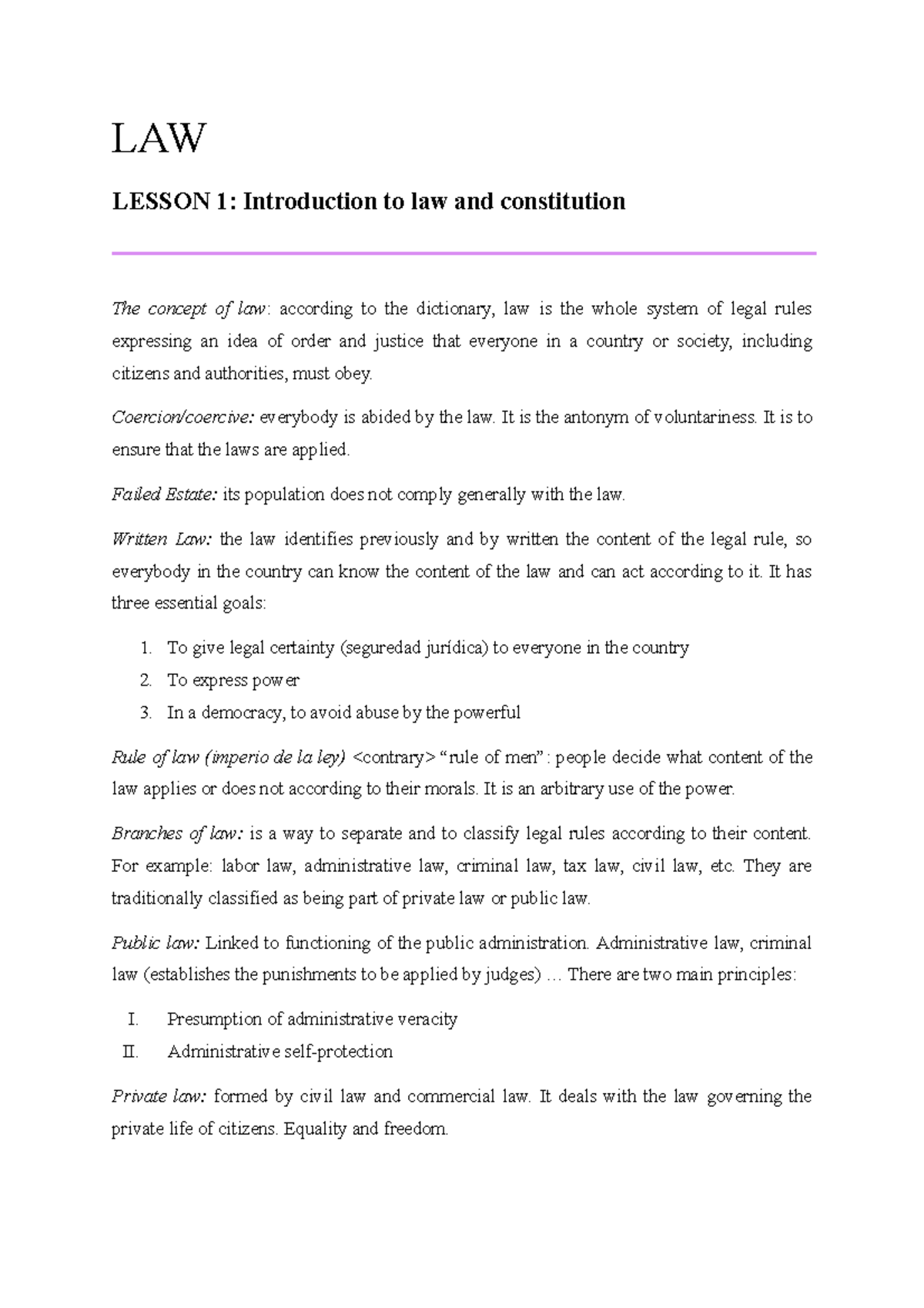 LAW - first sessions - notes of lesson 1 - LAW LESSON 1: Introduction ...