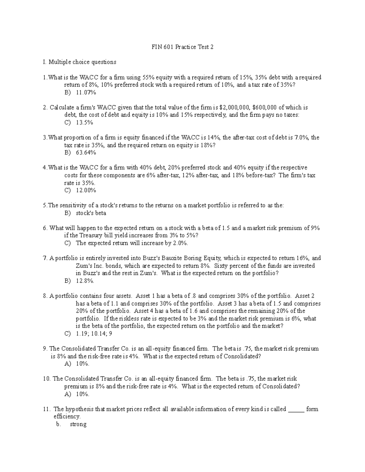 Practice test 2 (with answers) - FIN 601 Practice Test 2 I. Multiple ...