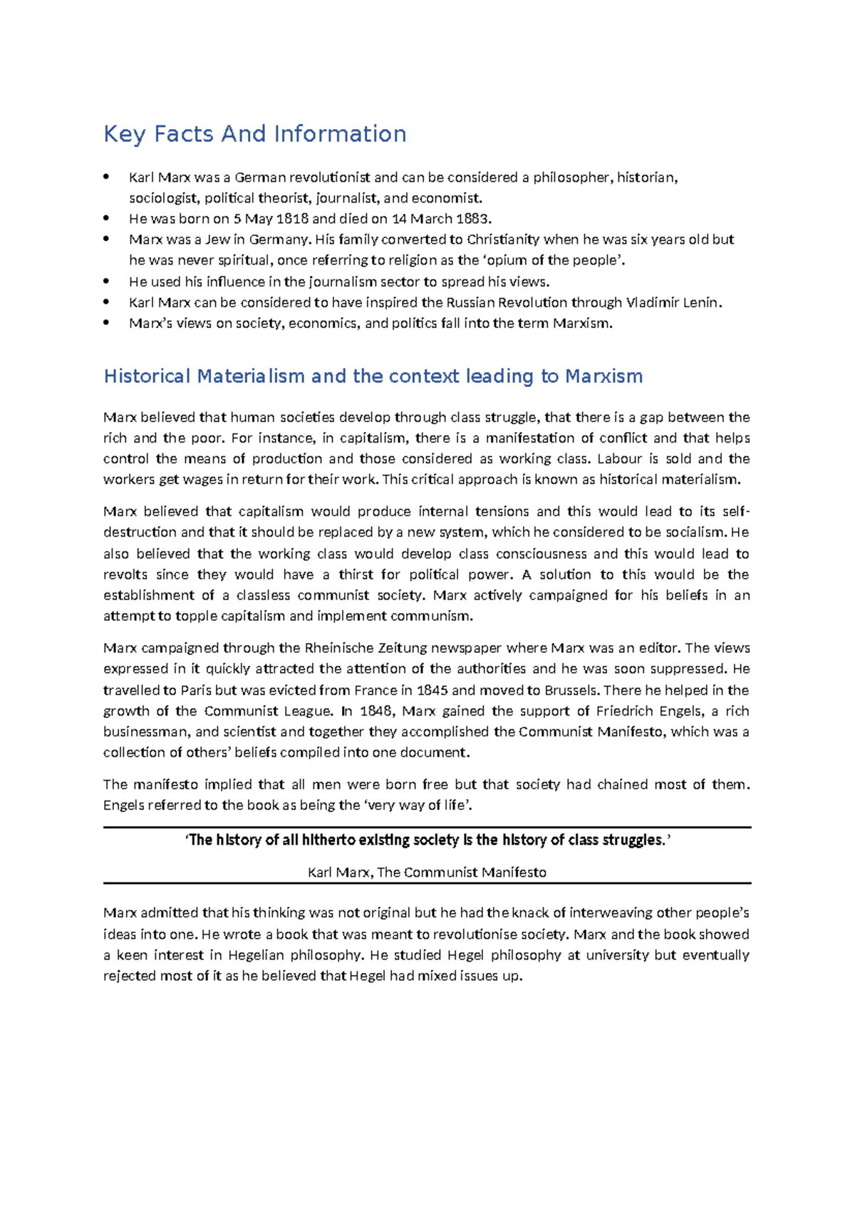 Key Facts And Information Review - Key Facts And Information Karl Marx ...