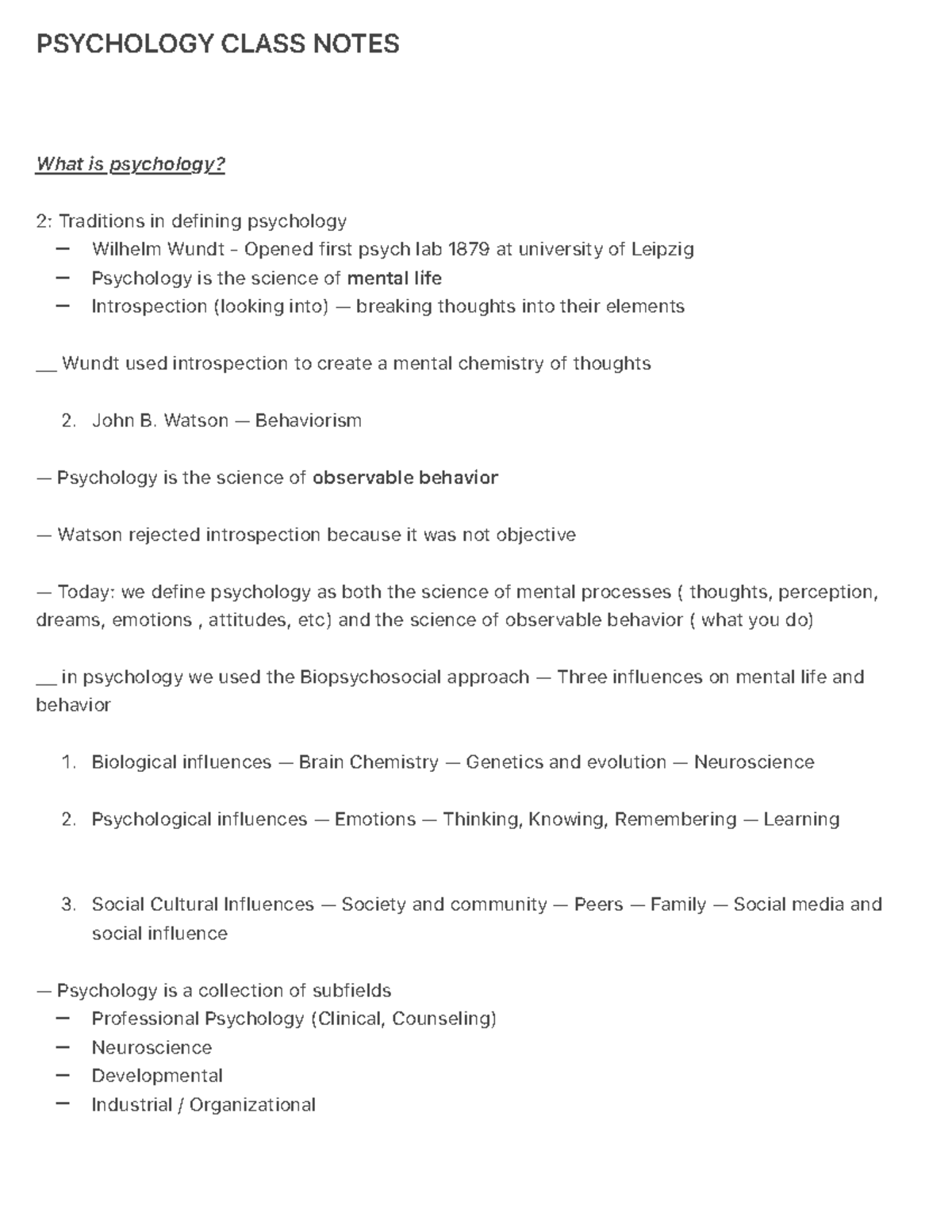Psychology Class Notes - – – – 2. 1. 2. 3. – – – – PSYCHOLOGY CLASS ...