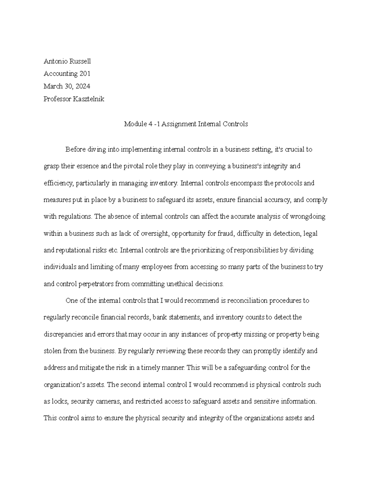 Antonio Russell module 4-1 internal controls 1 - Antonio Russell ...