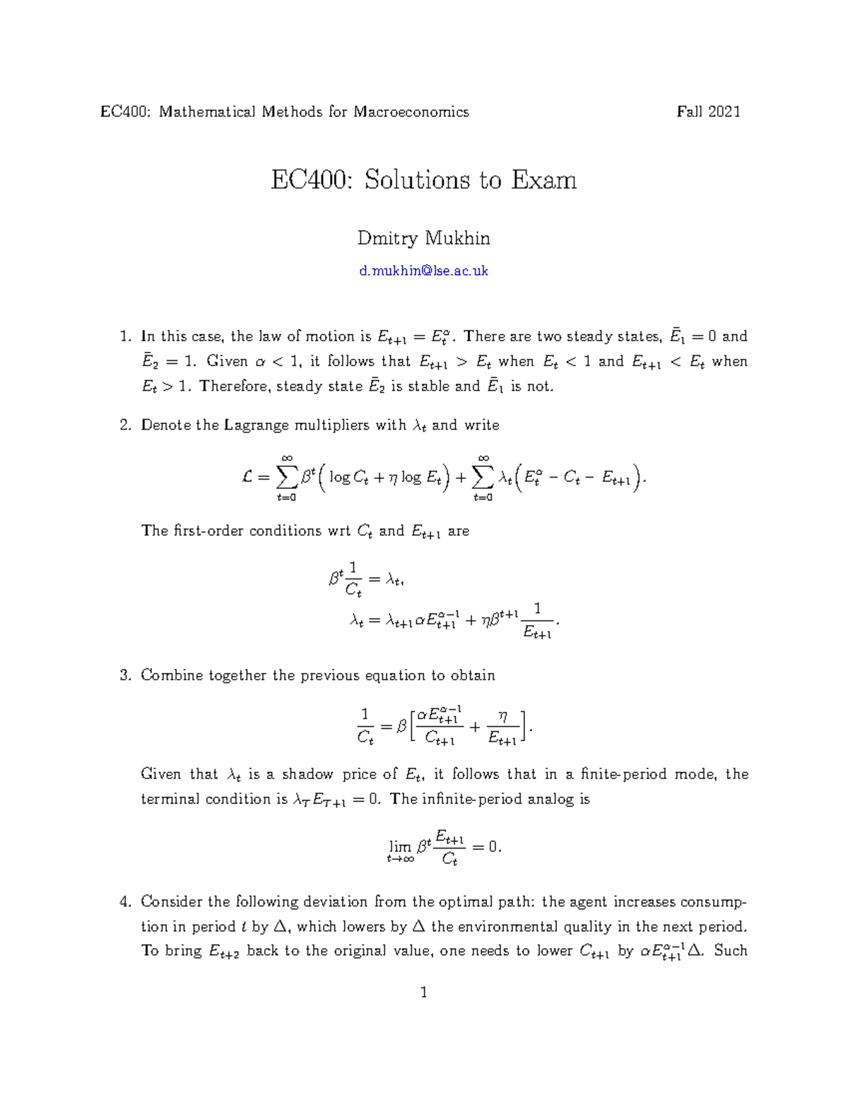 Exam solution - EC400: Mathematical Methods for Macroeconomics Fall ...