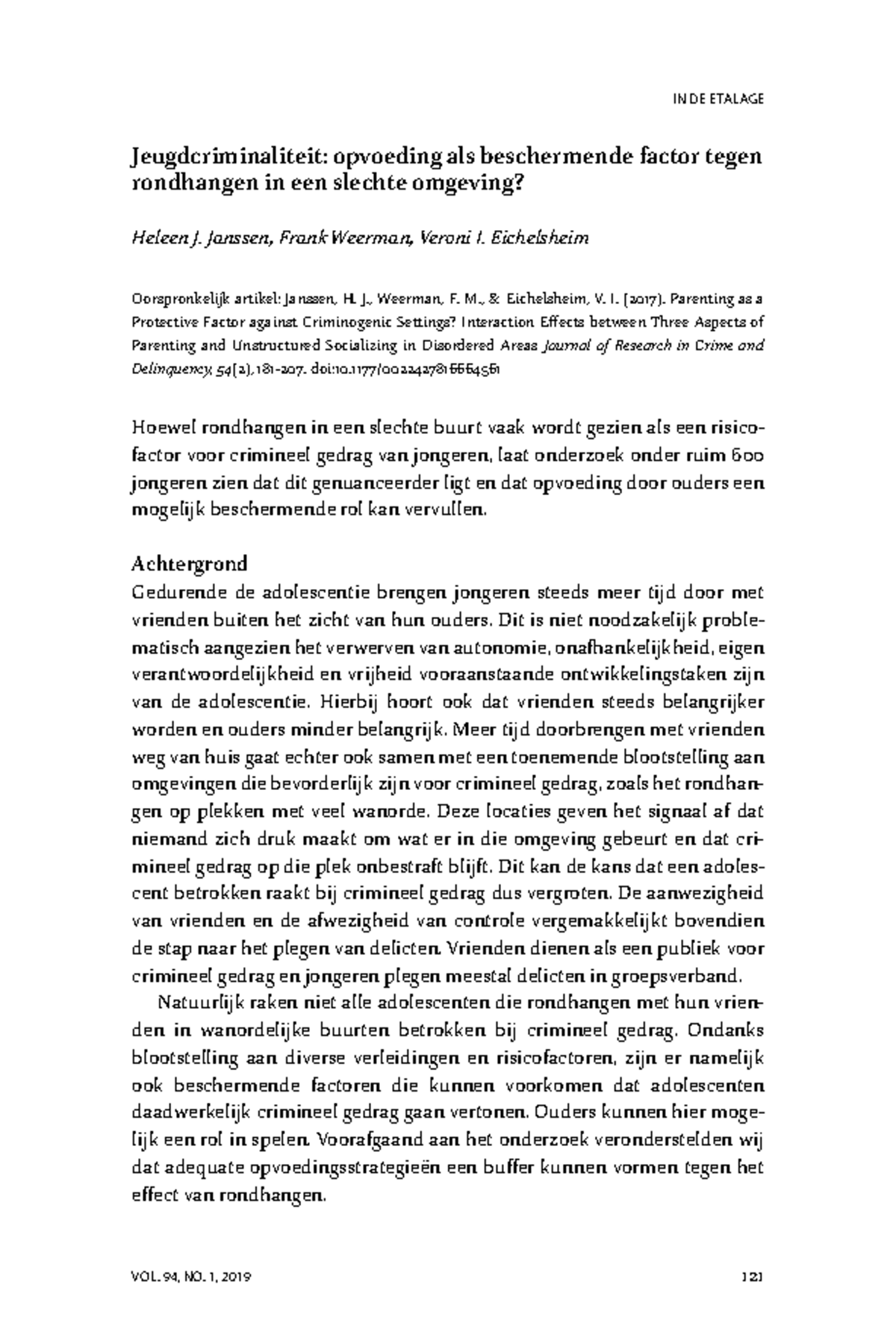 Jeugdcriminaliteit opvoeding - IN DE ETALAGE VOL. 94, NO. 1, 2019 121 ...