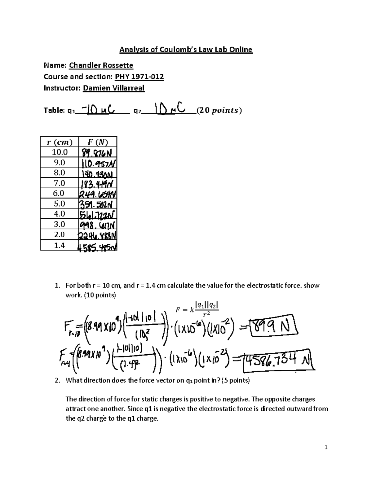 Fall2023 Coulombs Law Lab Online - 1 Analysis of Coulomb’s Law Lab ...