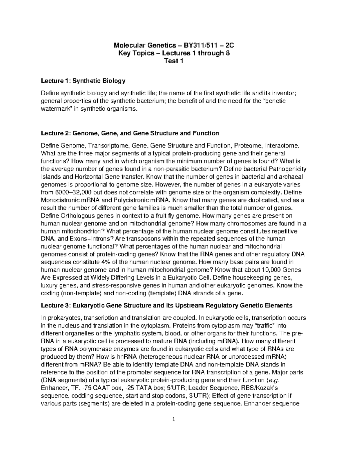 Study Guide - Molecular Genetics – BY311/511 – 2C Key Topics – Lectures ...