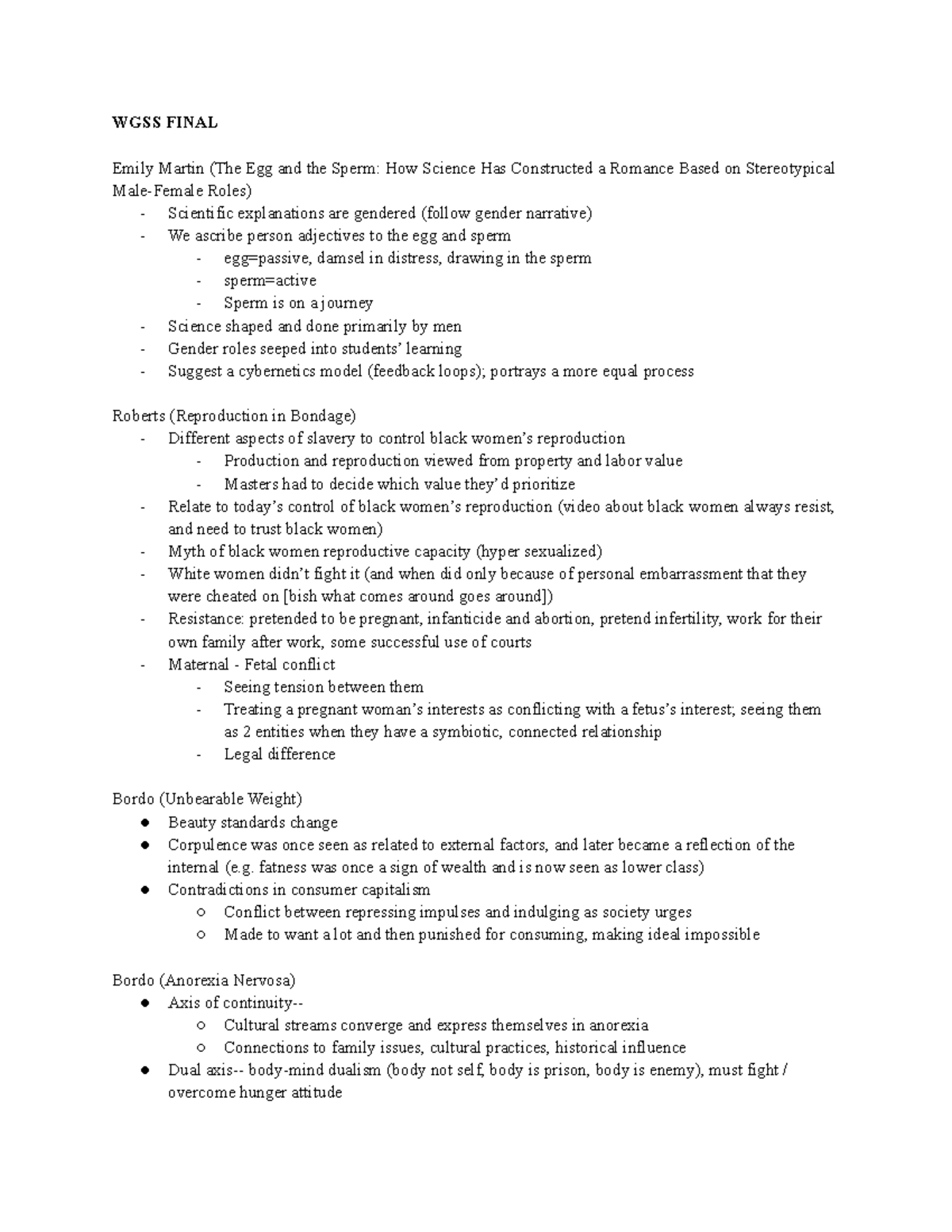 WGSS Final Study Guide - WGSS FINAL Emily Martin (The Egg and the Sperm: How Science Has ...