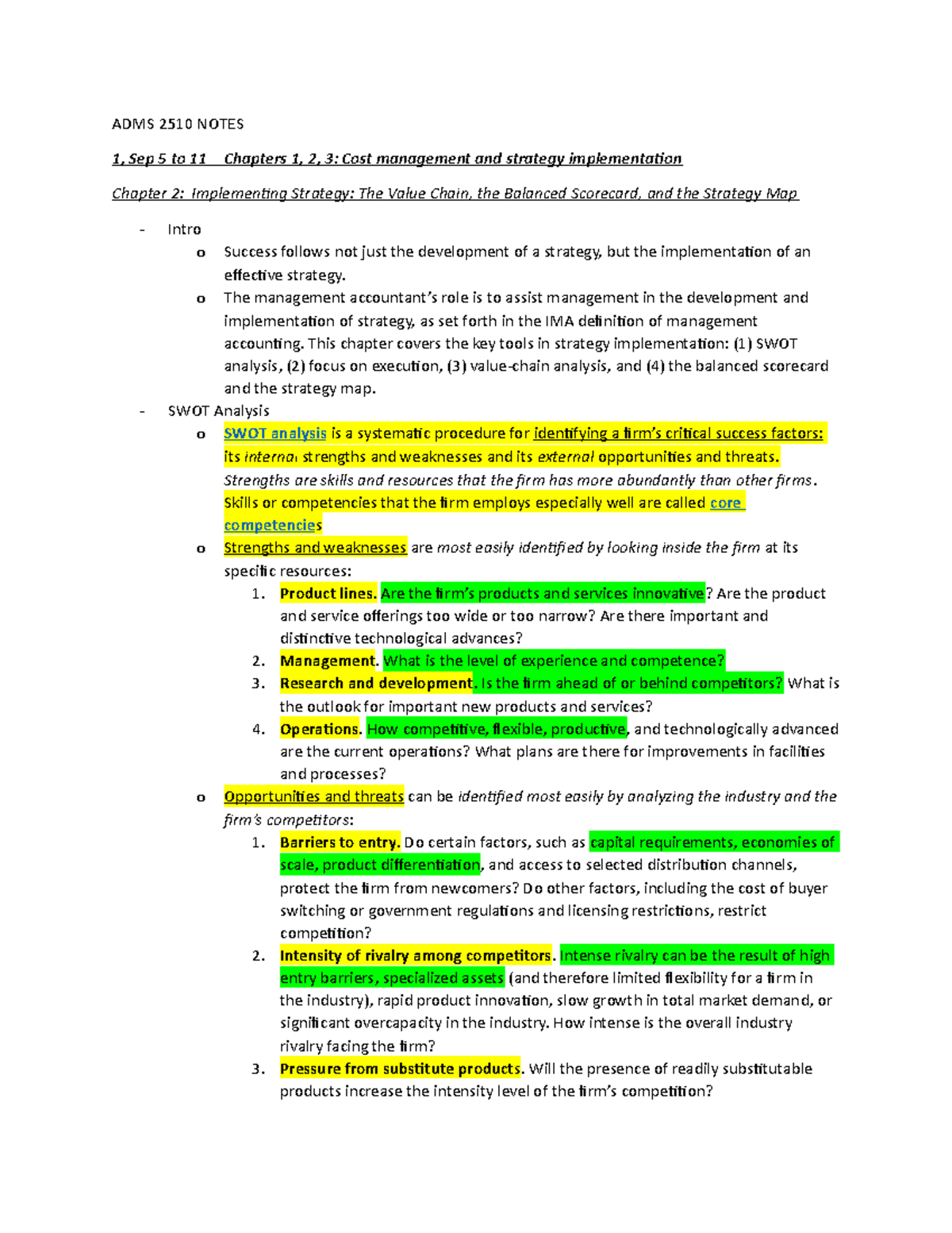 ADMS 2510 Notes - ADMS 2510 NOTES 1, Sep 5 to 11 Chapters 1, 2, 3: Cost ...