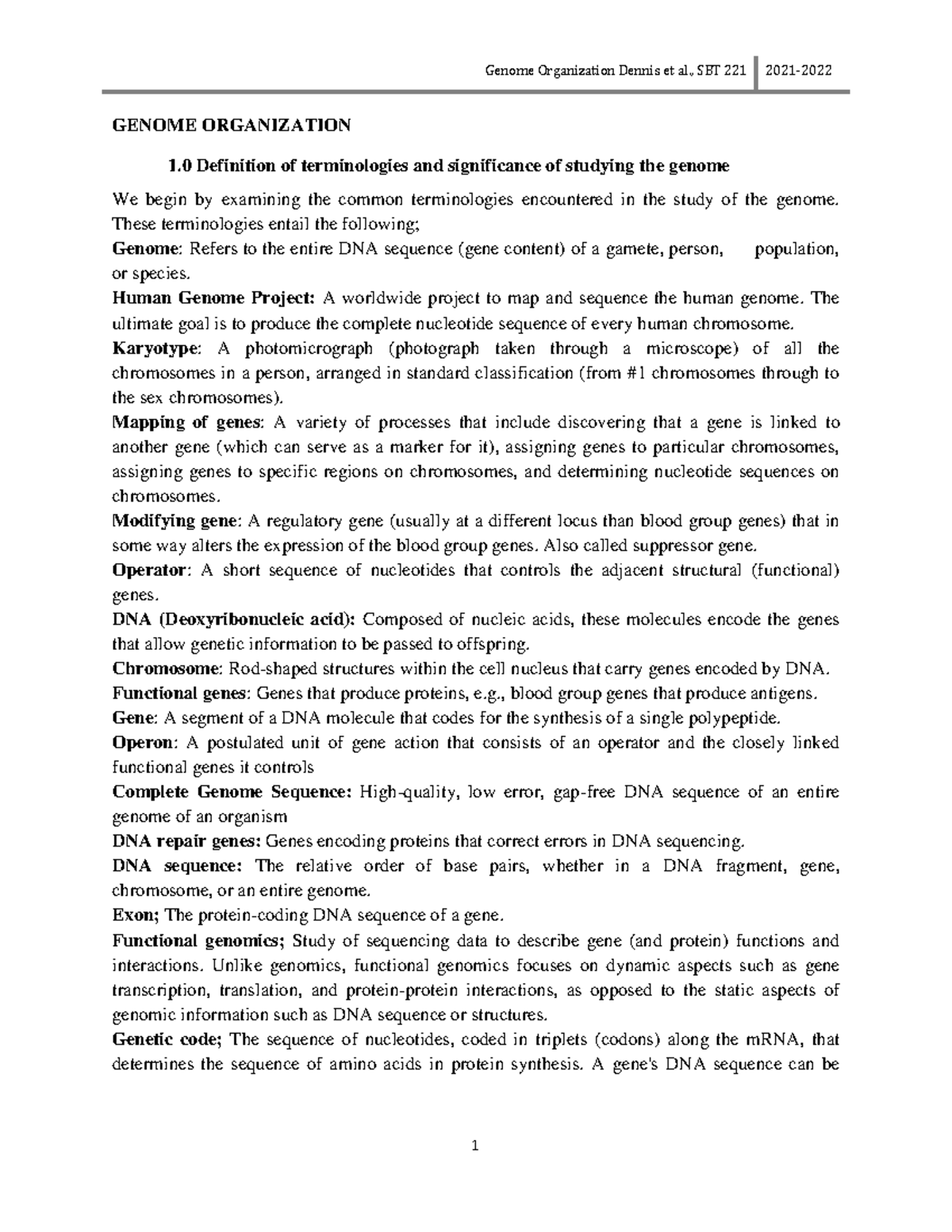 Genome Organization notes - GENOME ORGANIZATION 1 Definition of ...