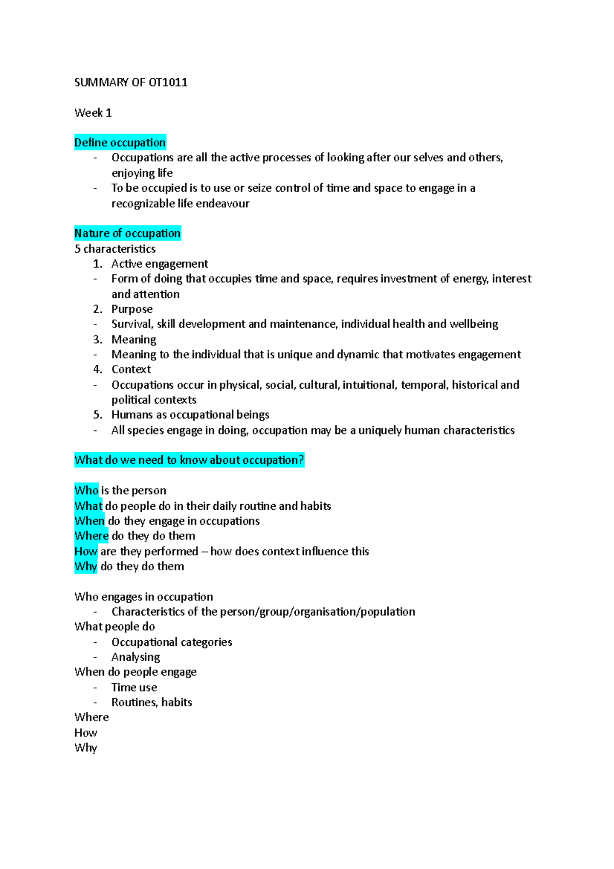 Week 1 summary of OT - SUMMARY OF OT Week 1 Define occupation ...