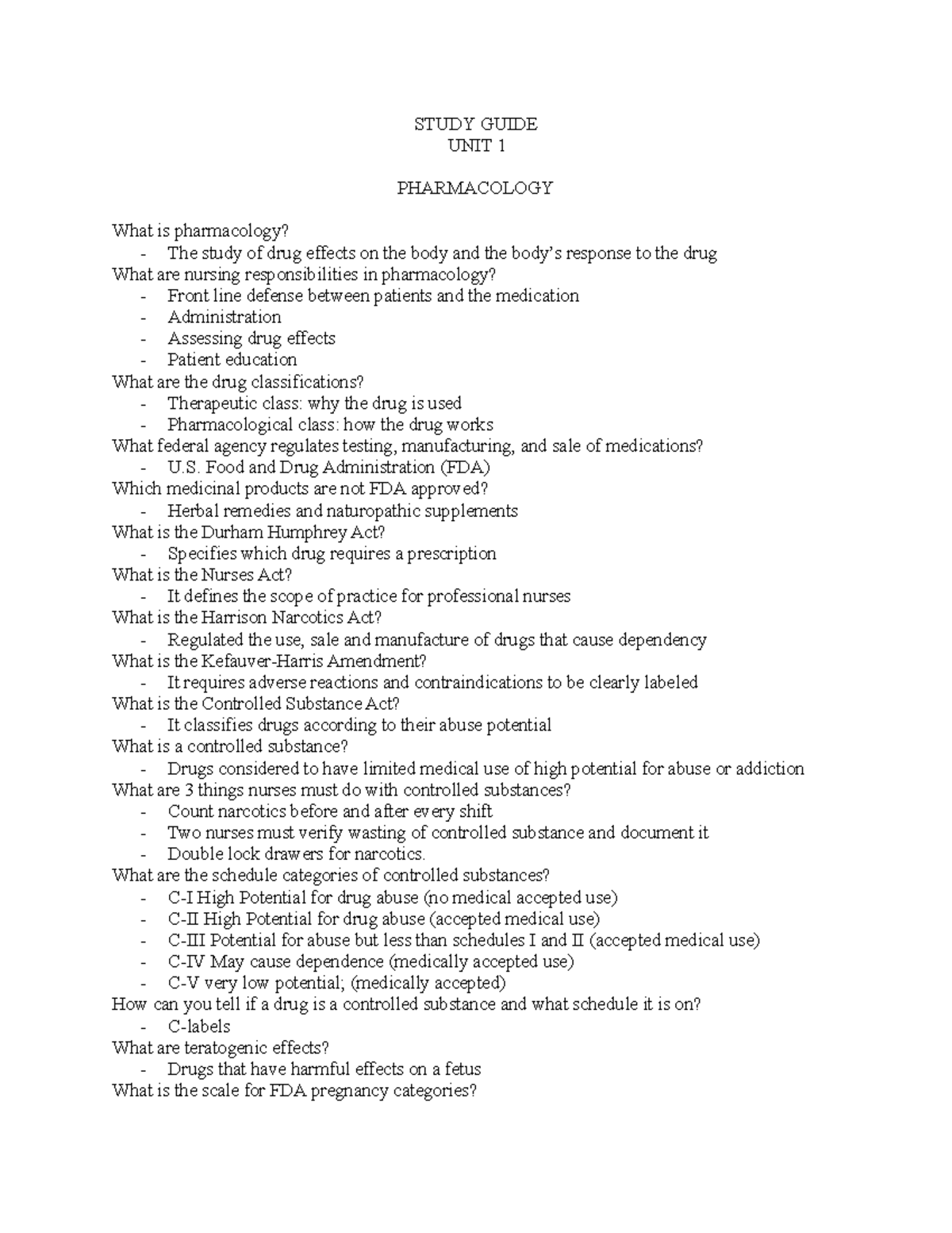 Final Study Guide - Fundamentals - STUDY GUIDE UNIT 1 PHARMACOLOGY What ...