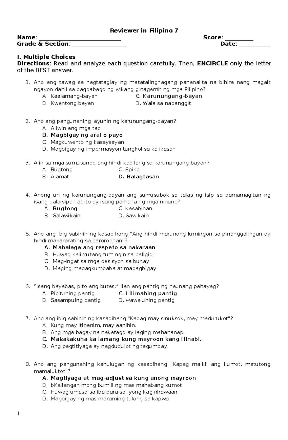 FIlipino 7 Reviewer - lololo - Reviewer in Filipino 7 Name