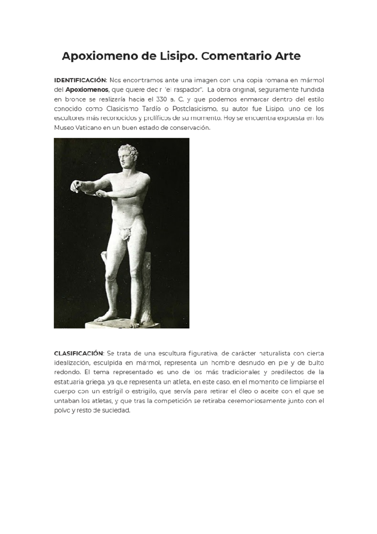 Apoxiomeno de lisipo - Historia del Arte. Etapa clásica, grecolatina ...