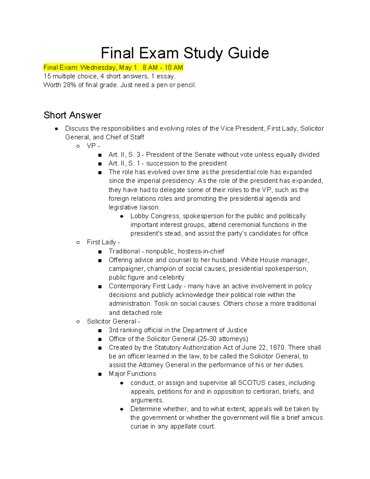 Final Exam Study Guide - Final Exam Study Guide Final Exam: Wednesday ...