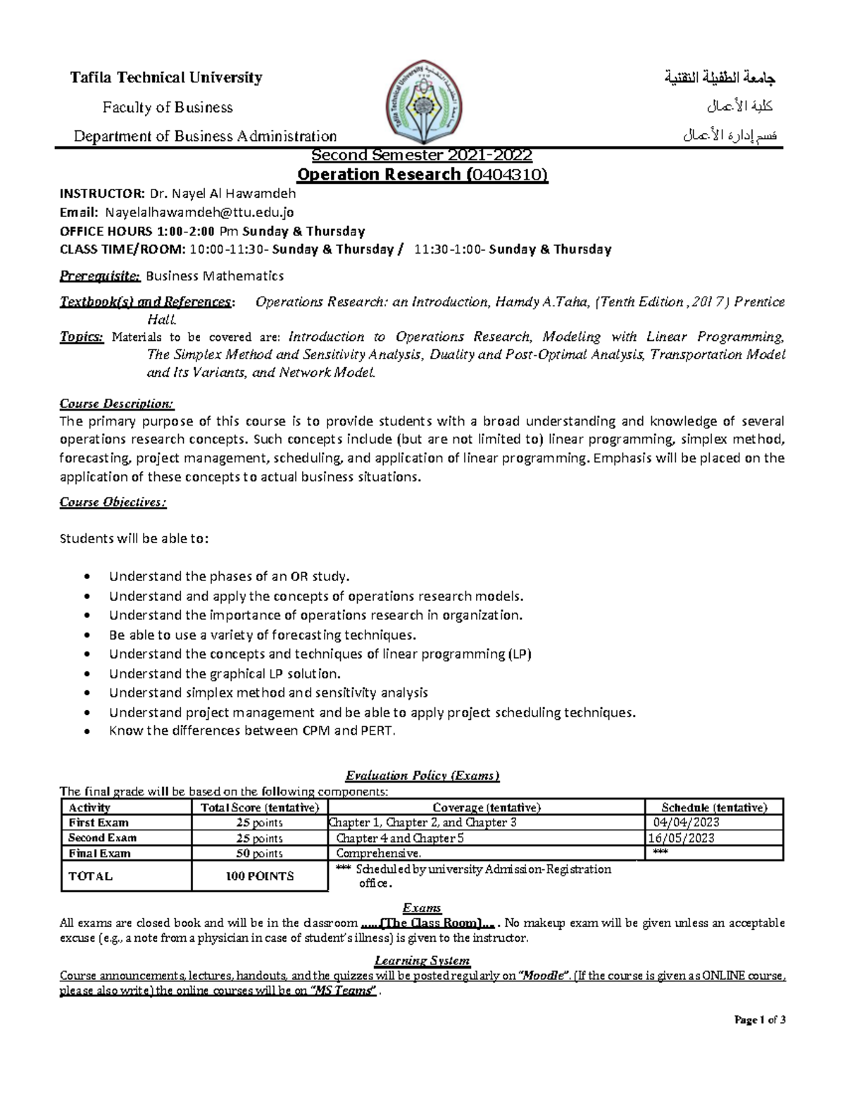 OR-Syllabus 2022-2023 - Page 1 of 3 Tafila Technical University جامعة ...