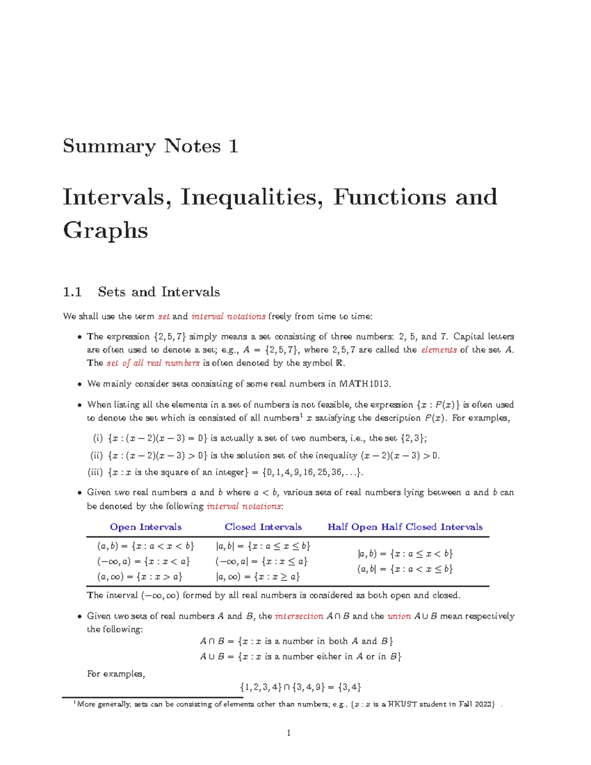 Notes 1 - Summary Notes 1 Intervals, Inequalities, Functions and Graphs ...