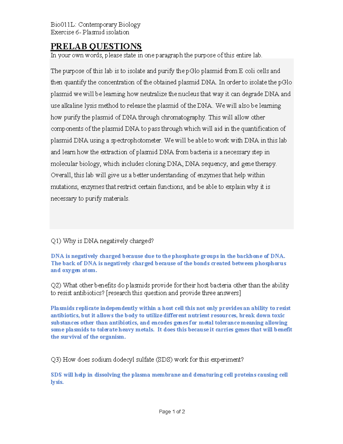 Pre LAB 6 Q Plasmid DNA prep - Bio011L: Contemporary Biology Exercise 6 ...