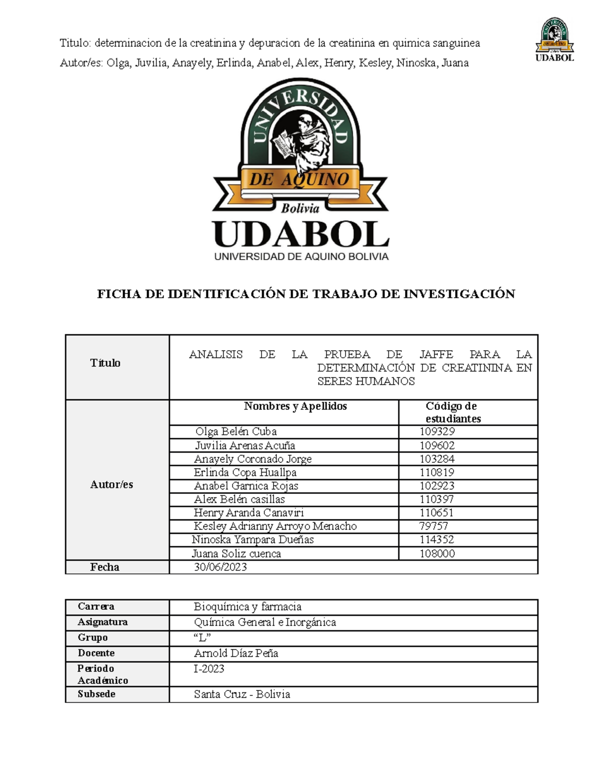 Proyecto de creatinina 1 - Autor/es: Olga, Juvilia, Anayely, Erlinda ...