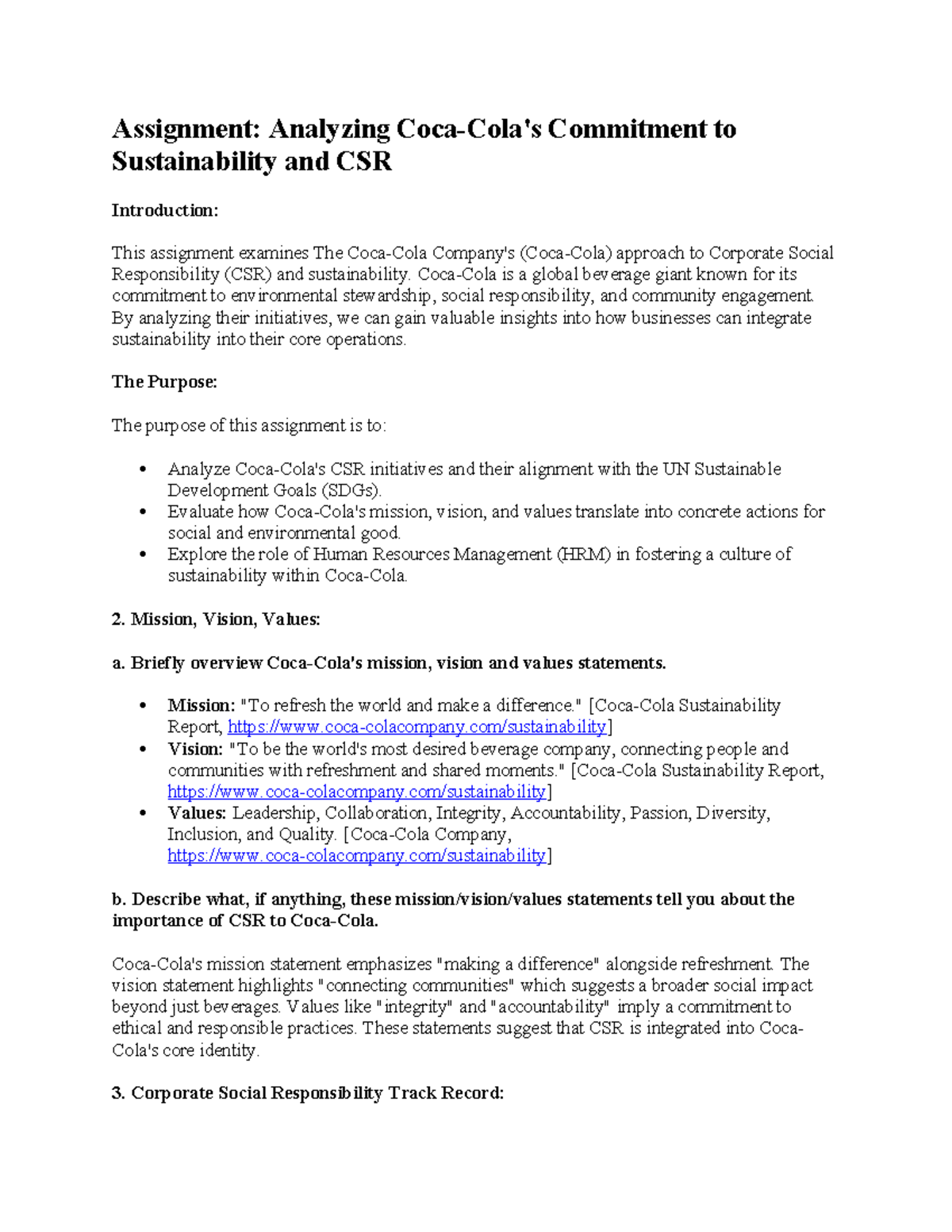 COCA COLA - project - Assignment: Analyzing Coca-Cola's Commitment to ...