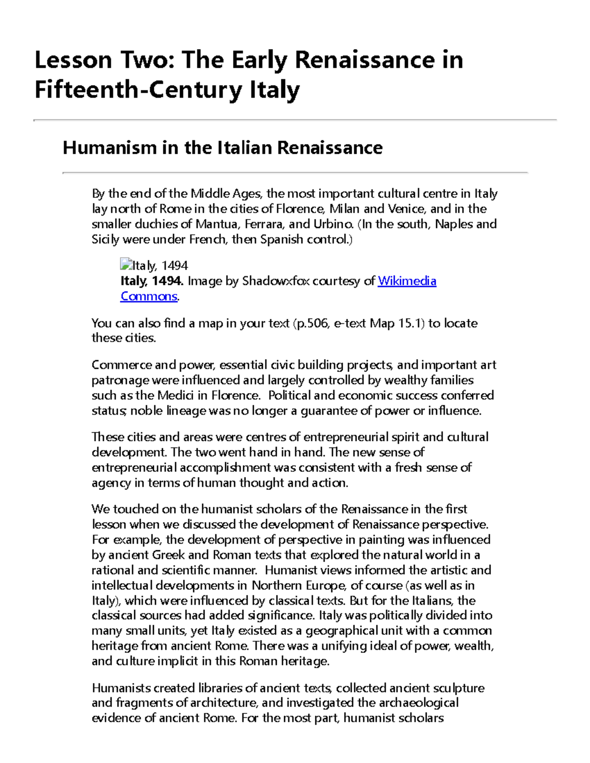 Humanism in the Italian Renaissance - Lesson Two: The Early Renaissance ...