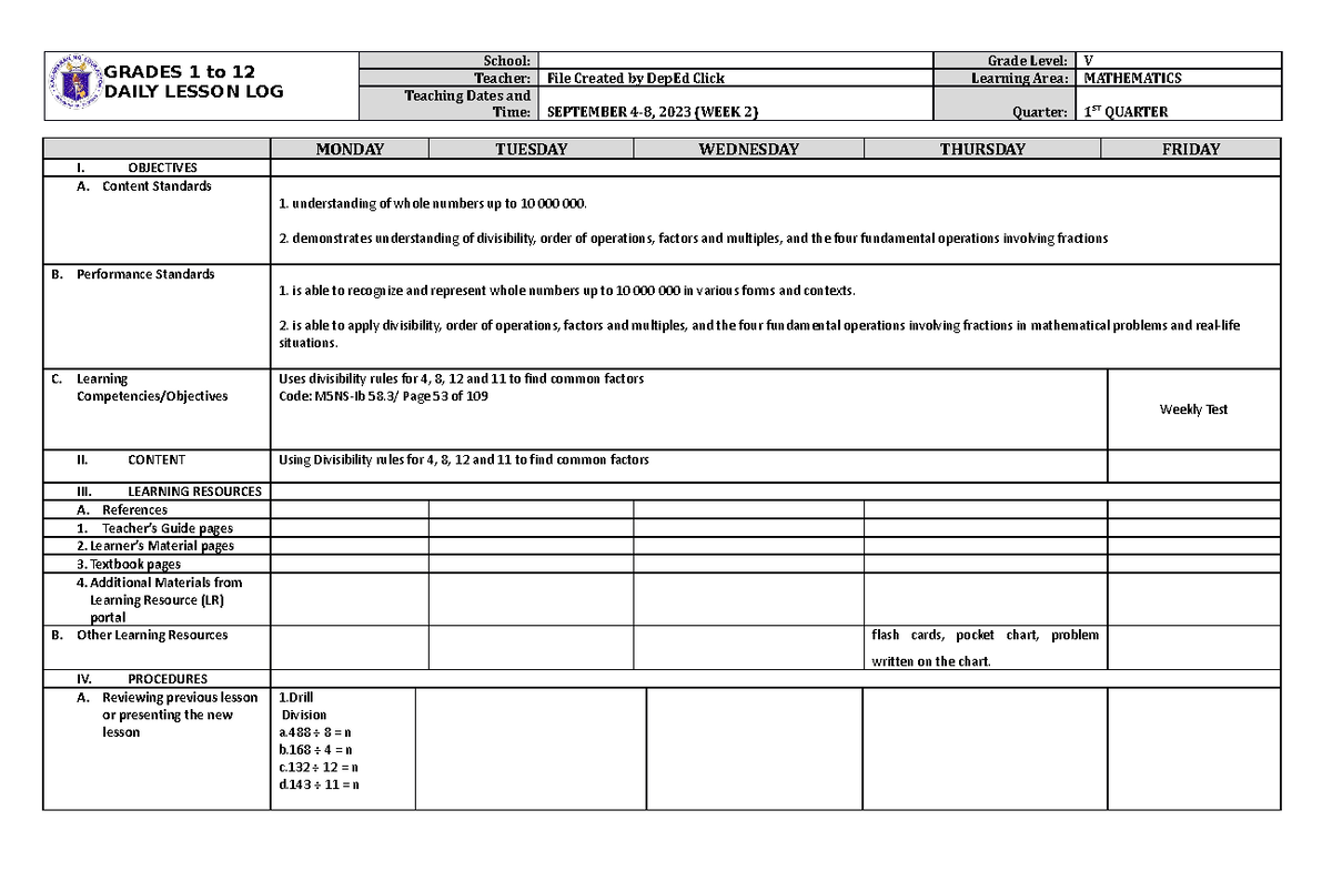 DLL Mathematics 5 Q1 W2 - Daily Lesson Log - GRADES 1 to 12 DAILY ...