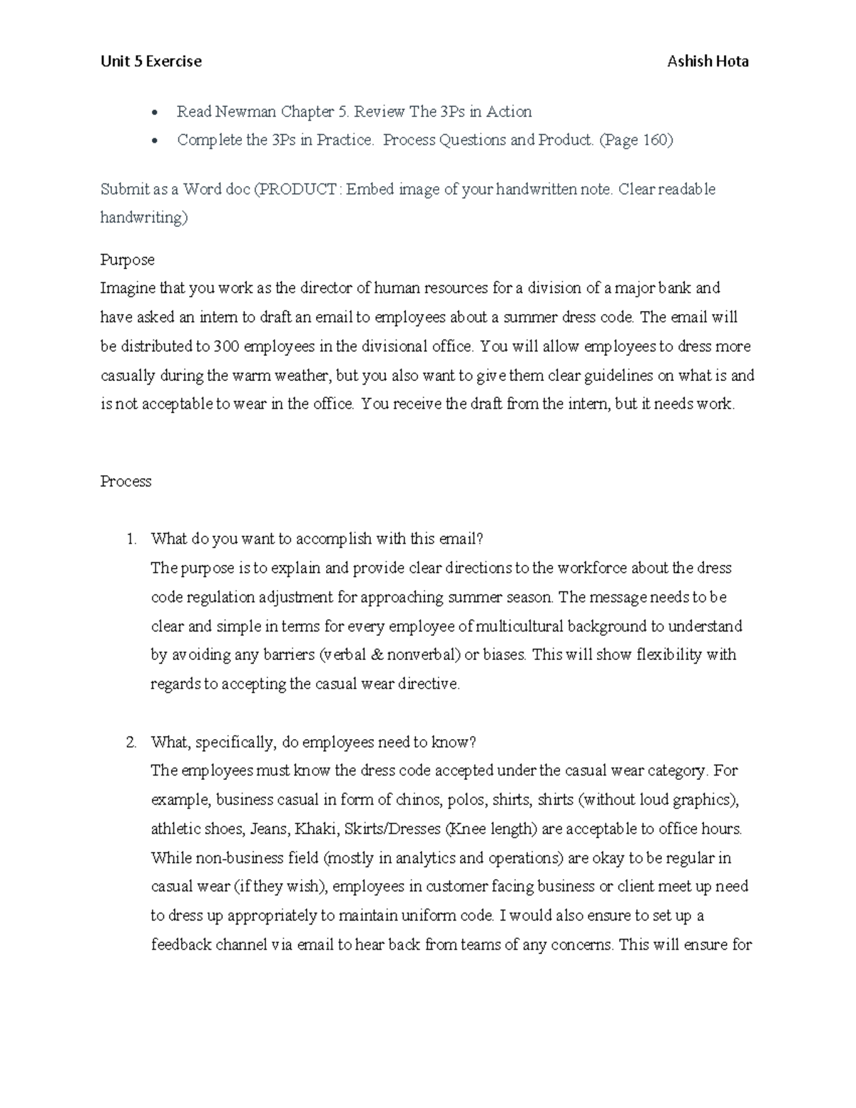 Unit5 AH - Unit 5 assignment - Read Newman Chapter 5. Review The 3Ps in Action Complete the 3Ps ...