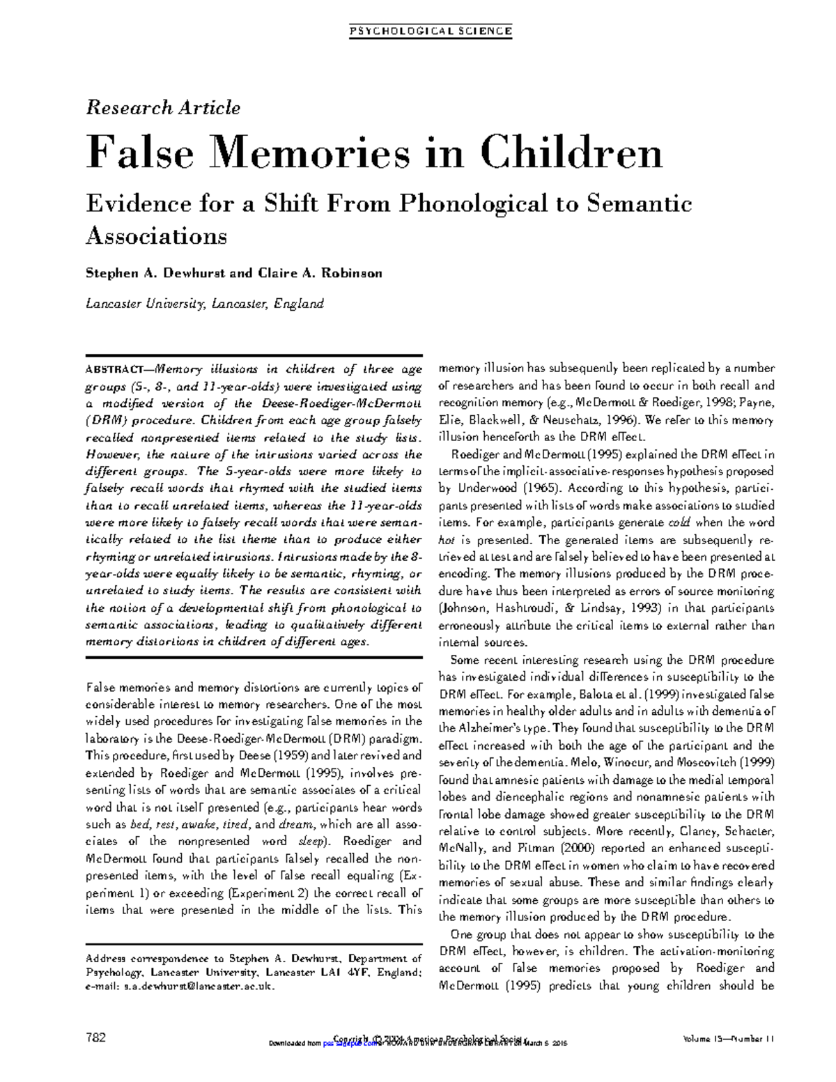 False memories in children - Research Article False Memories in ...