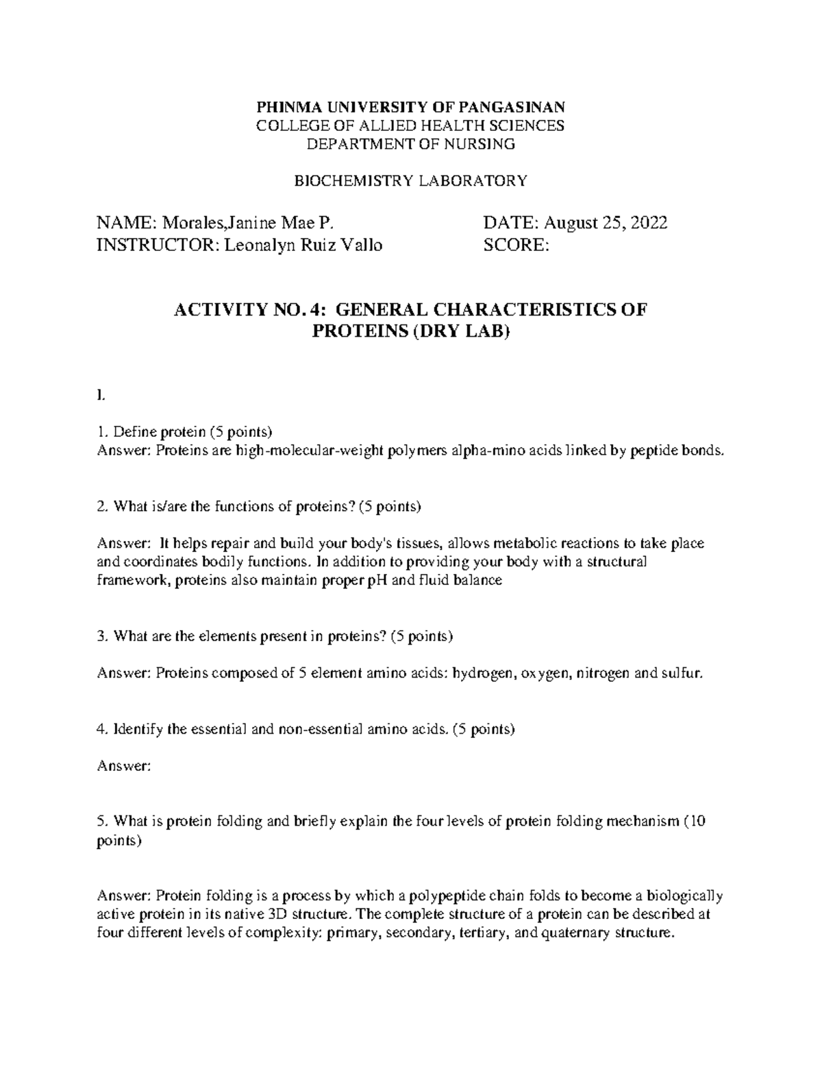 (BIO 024) LAB Activity 4 Proteins - PHINMA UNIVERSITY OF PANGASINAN ...