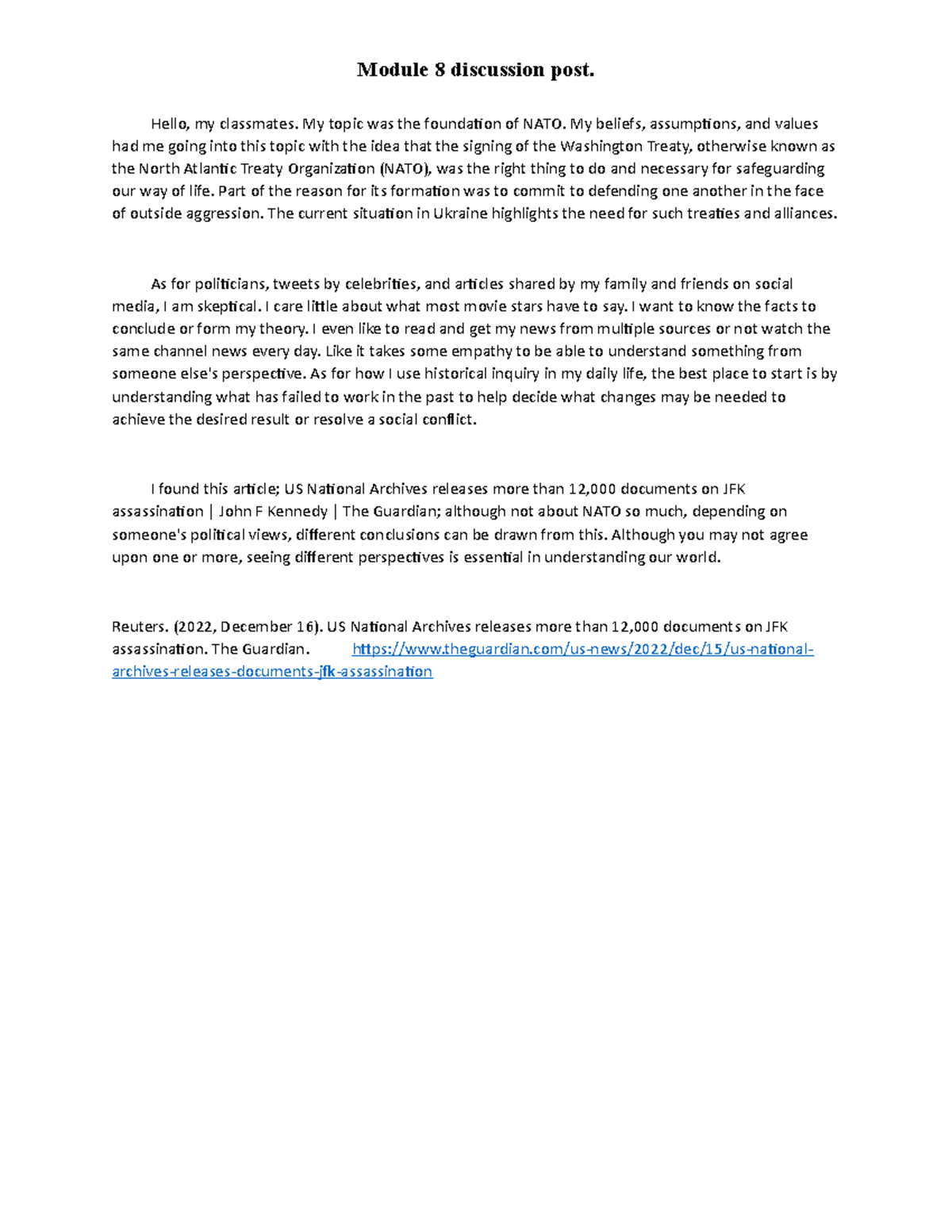 His-100 M8. post - His-100 Module dis. post. - Module 8 discussion post ...