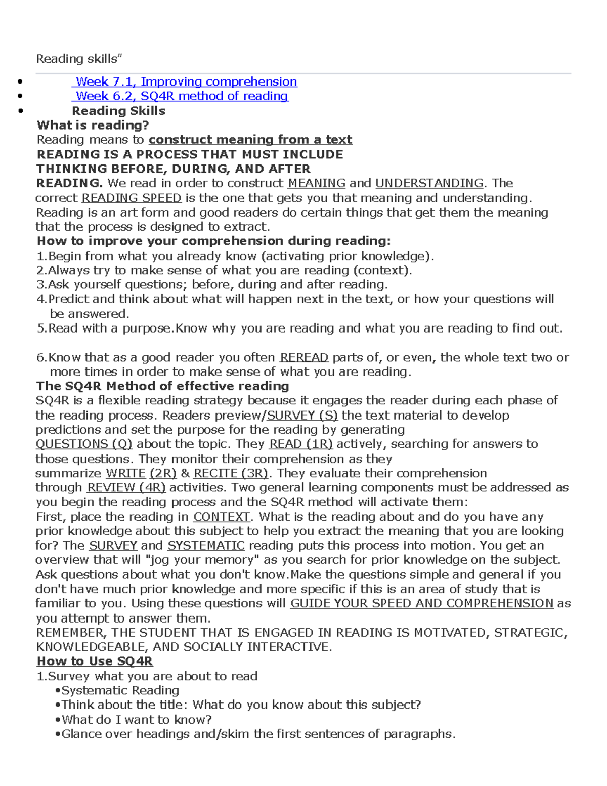 Reading skills - Reading skills” Week 7, Improving comprehension Week 6 ...