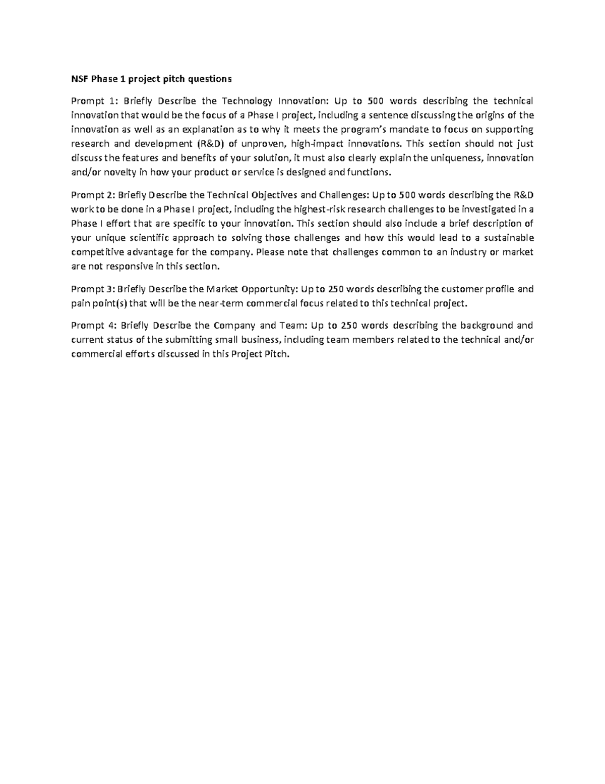 Project pitch prompts - Good to use - NSF Phase 1 project pitch ...