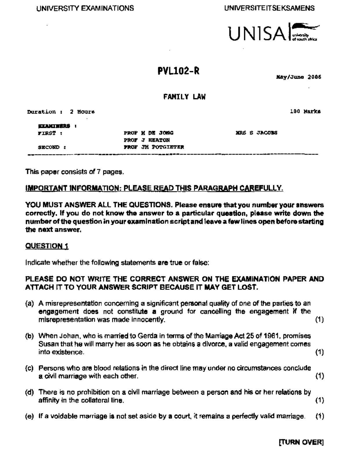 PVL2601 family law Past examination paper - PVL2601 - Unisa - Studocu
