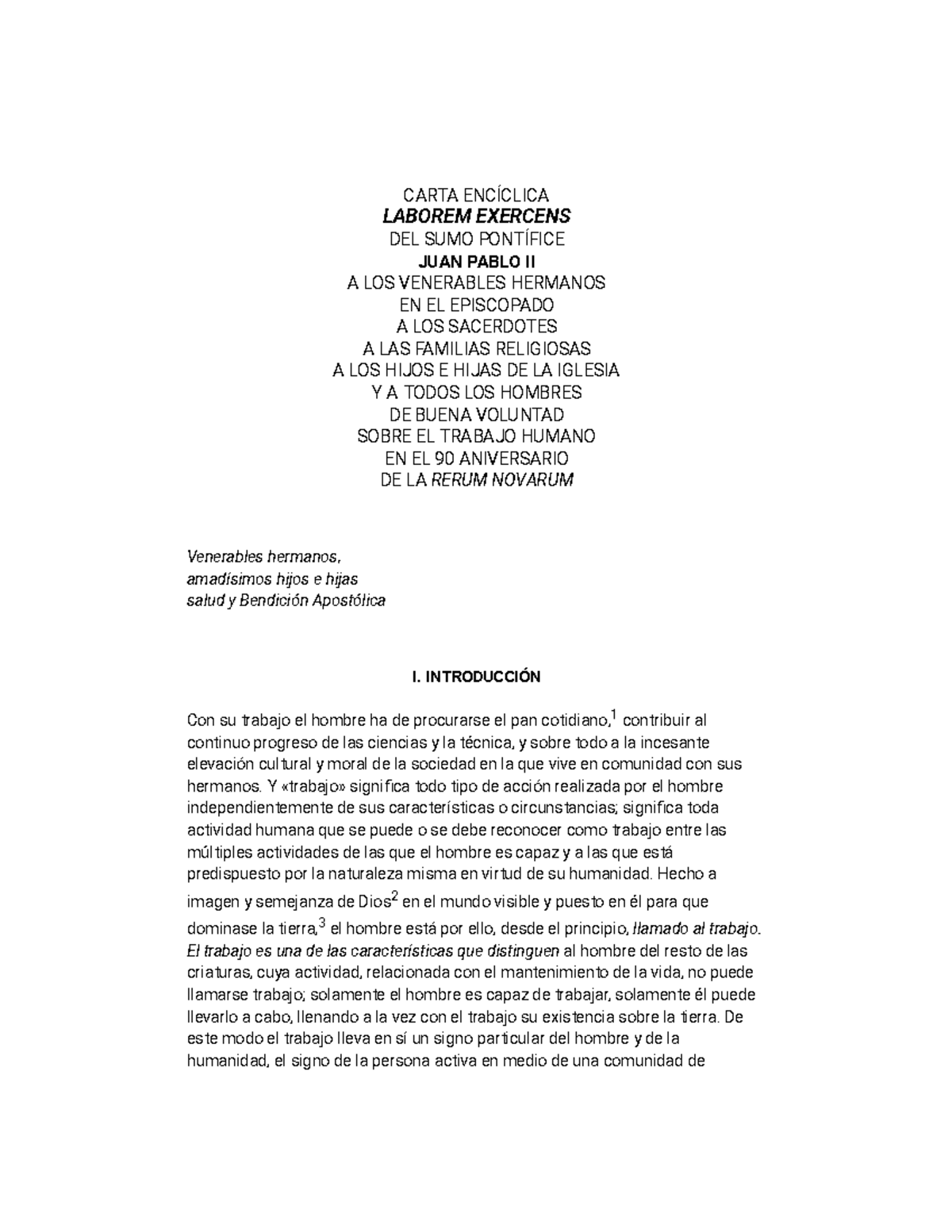 Laborem Exercens (14 de septiembre de 1981) Juan Pablo II - CARTA ...