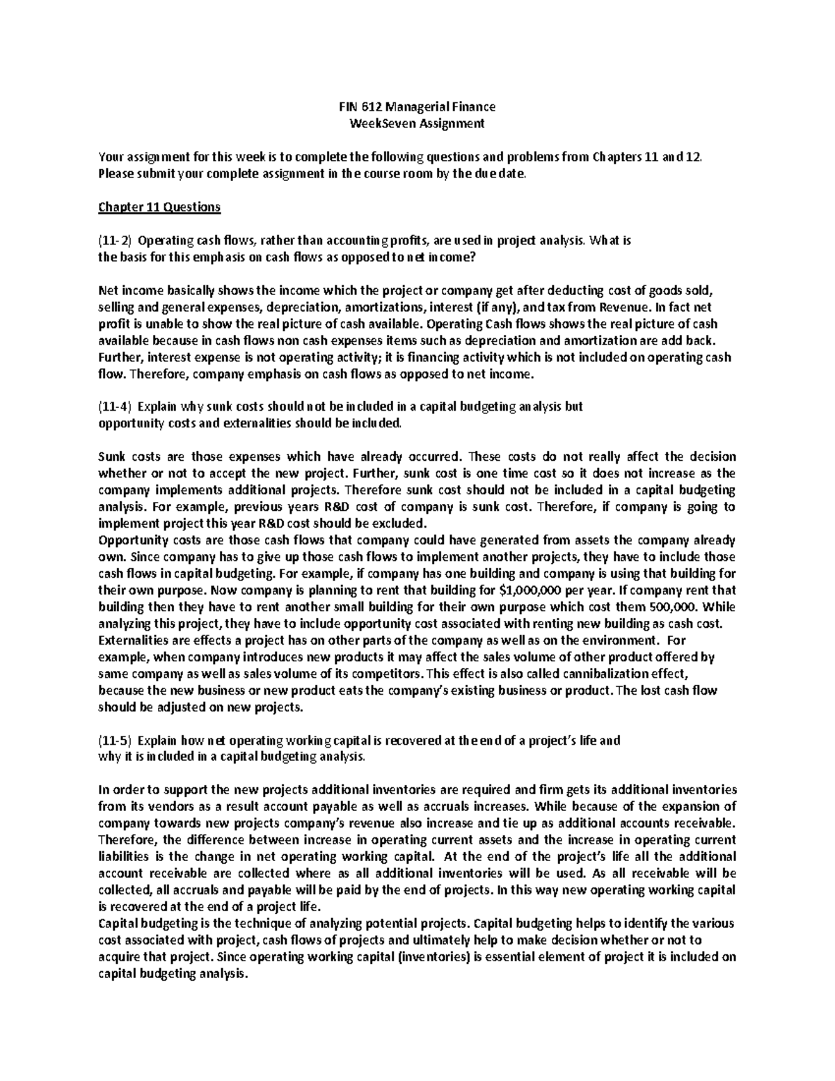 Corporate Finance Answer Sheet - FIN 612 Managerial Finance WeekSeven ...