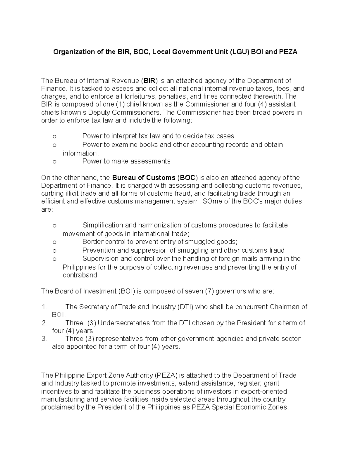 1.7. Organization of the BIR, BOC, Local Government Unit (LGU) BOI and ...