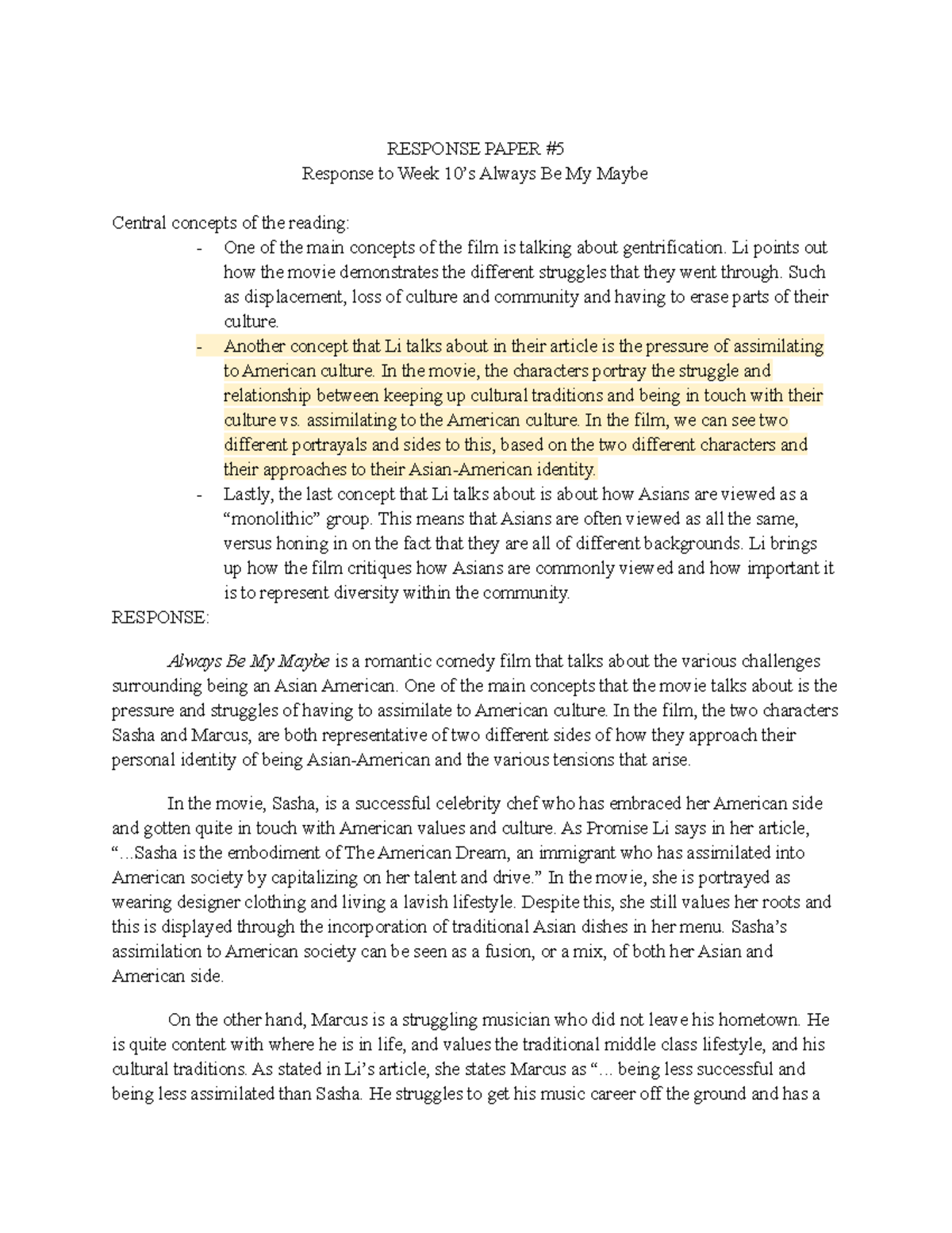 Extra Credit Response paper - RESPONSE PAPER Response to Week 10’s ...