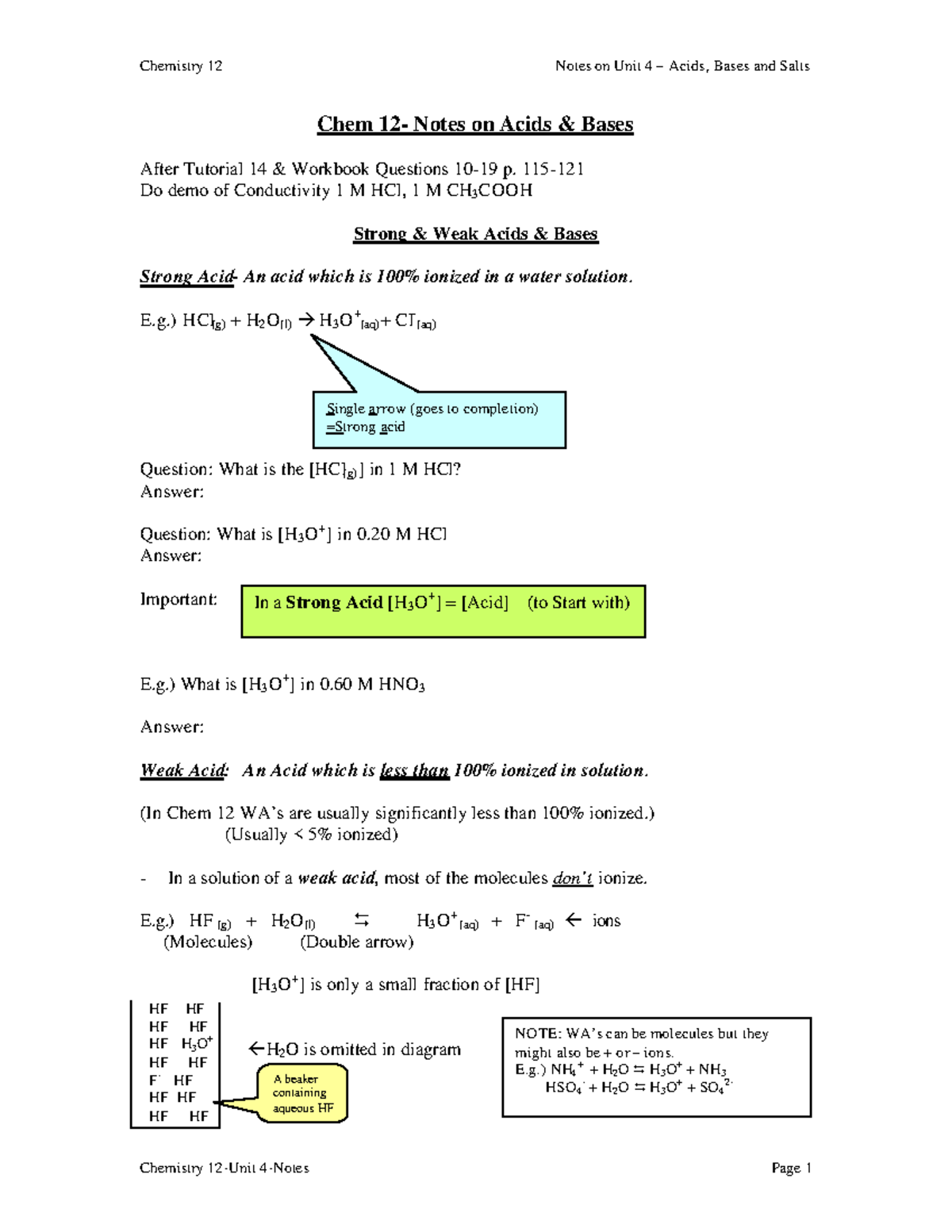 ACID AND Bases notesp 1-12 - Chem 12- Notes on Acids & Bases After ...