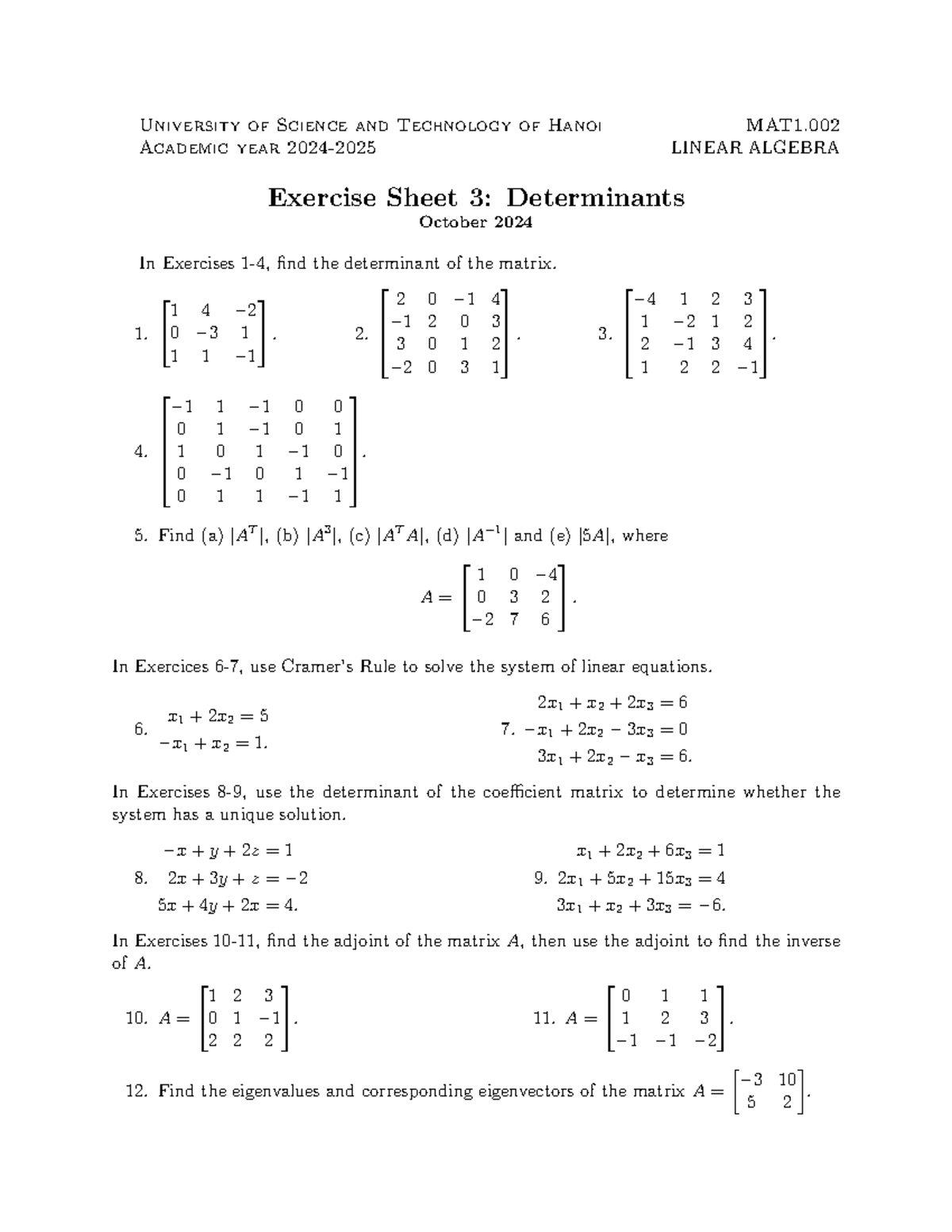 Exercise Sheet 3 - Determinants - University of Science and Technology ...