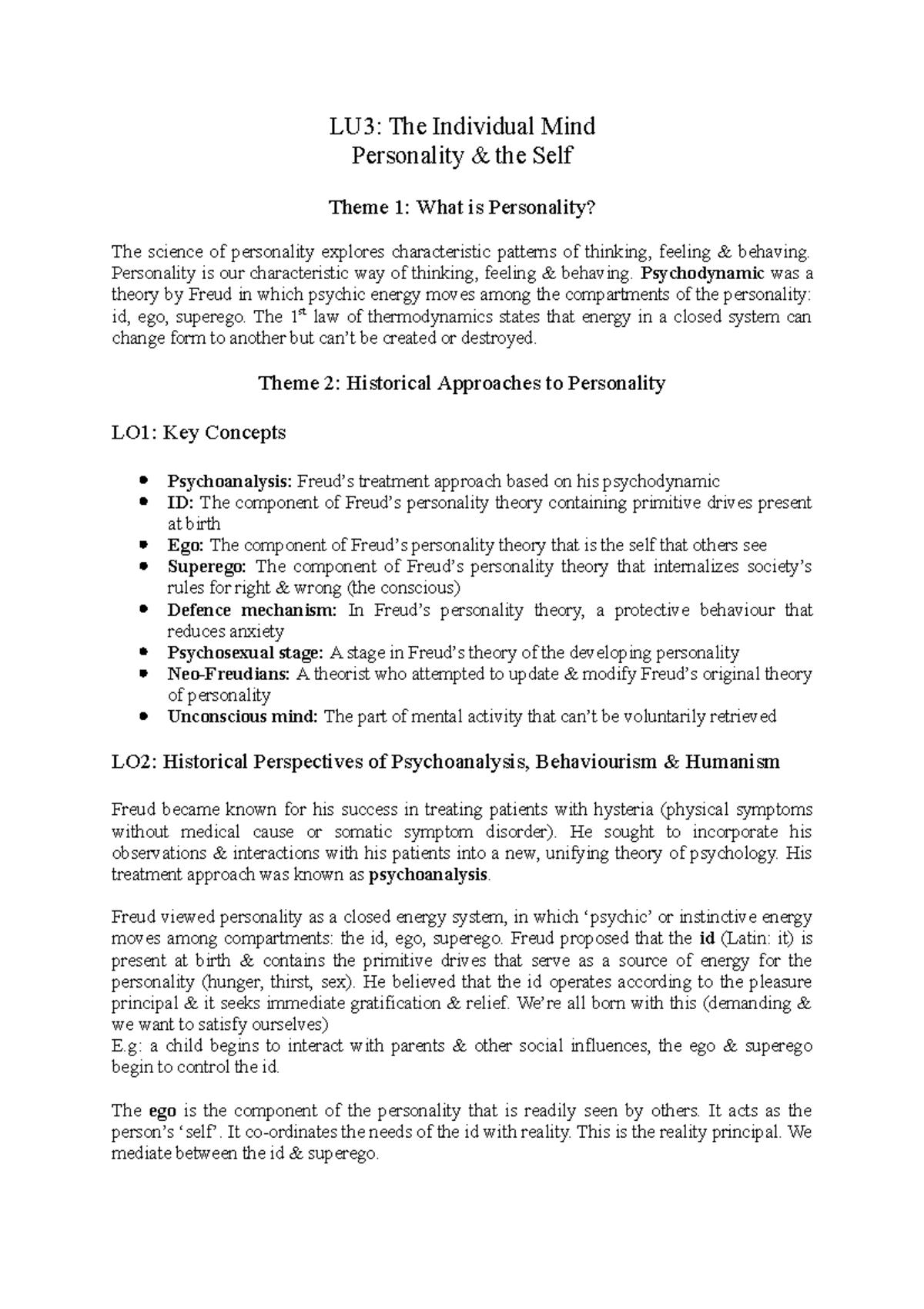 LU3 - The Individual Mind - LU3: The Individual Mind Personality & the ...