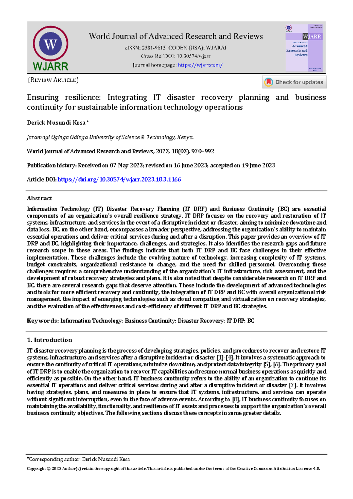 Wjarr-2023-1166 - drj - Corresponding author: Derick Musundi Kesa ...