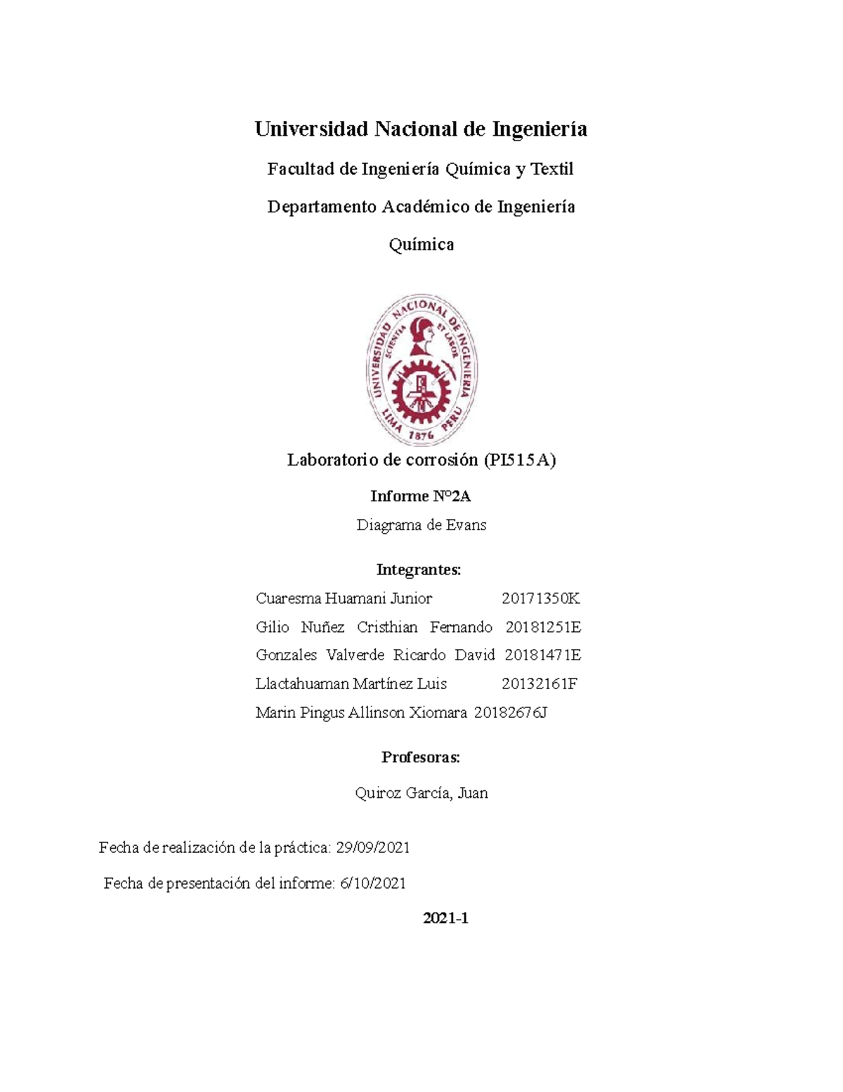 Laboratorio 2A Corrosion - Universidad Nacional de Ingeniería Facultad ...
