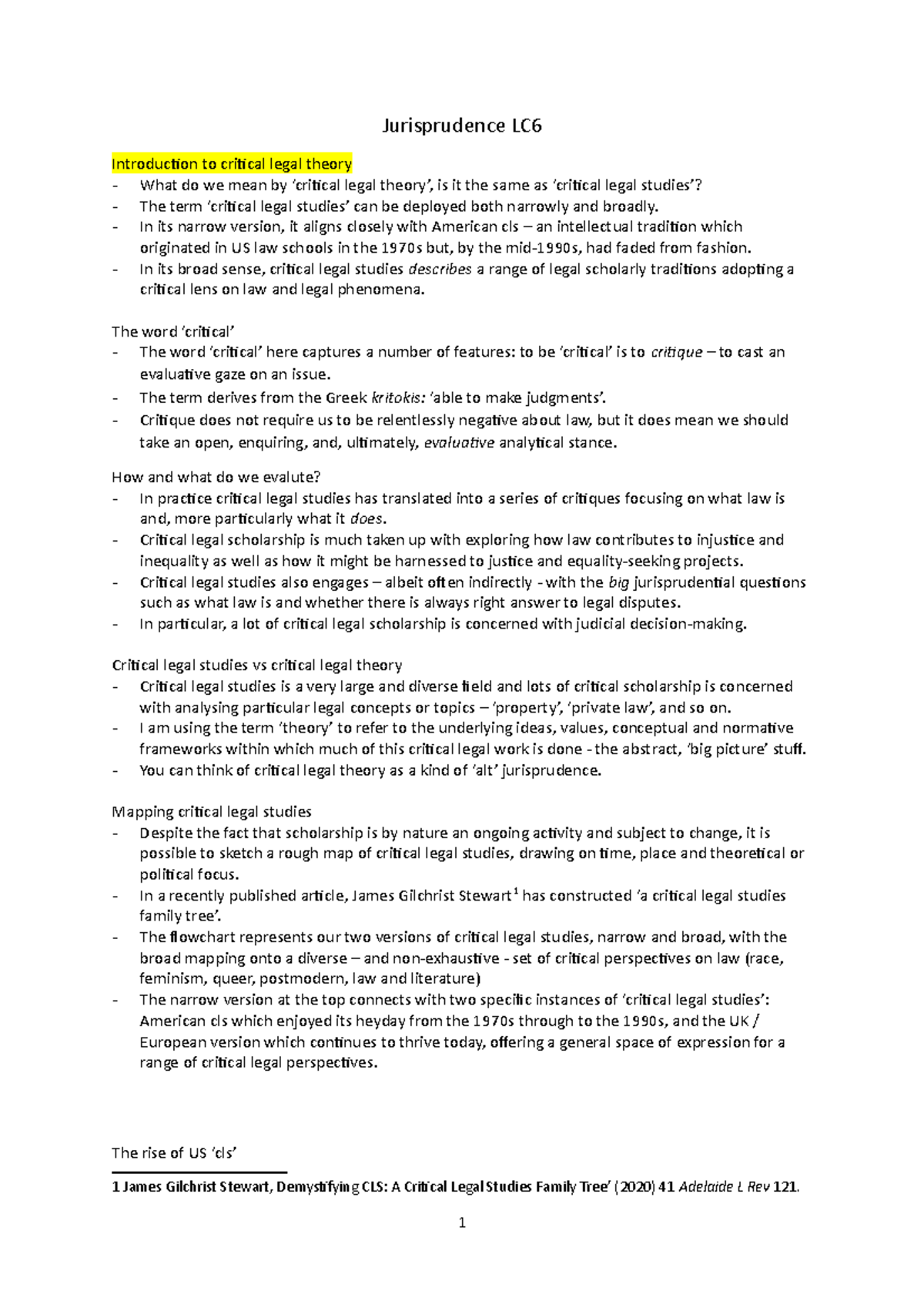 Jur LC6 - Jurisprudence LC Introduction to critical legal theory What ...