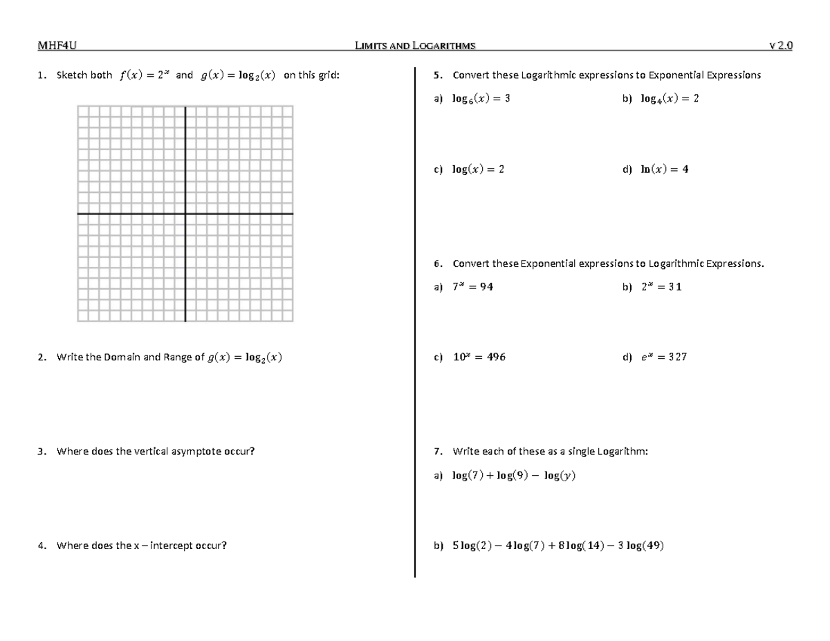 Limis and Logs - Logs and Limits - MHF4U LIMITS AND LOGARITHMS V 2 ...