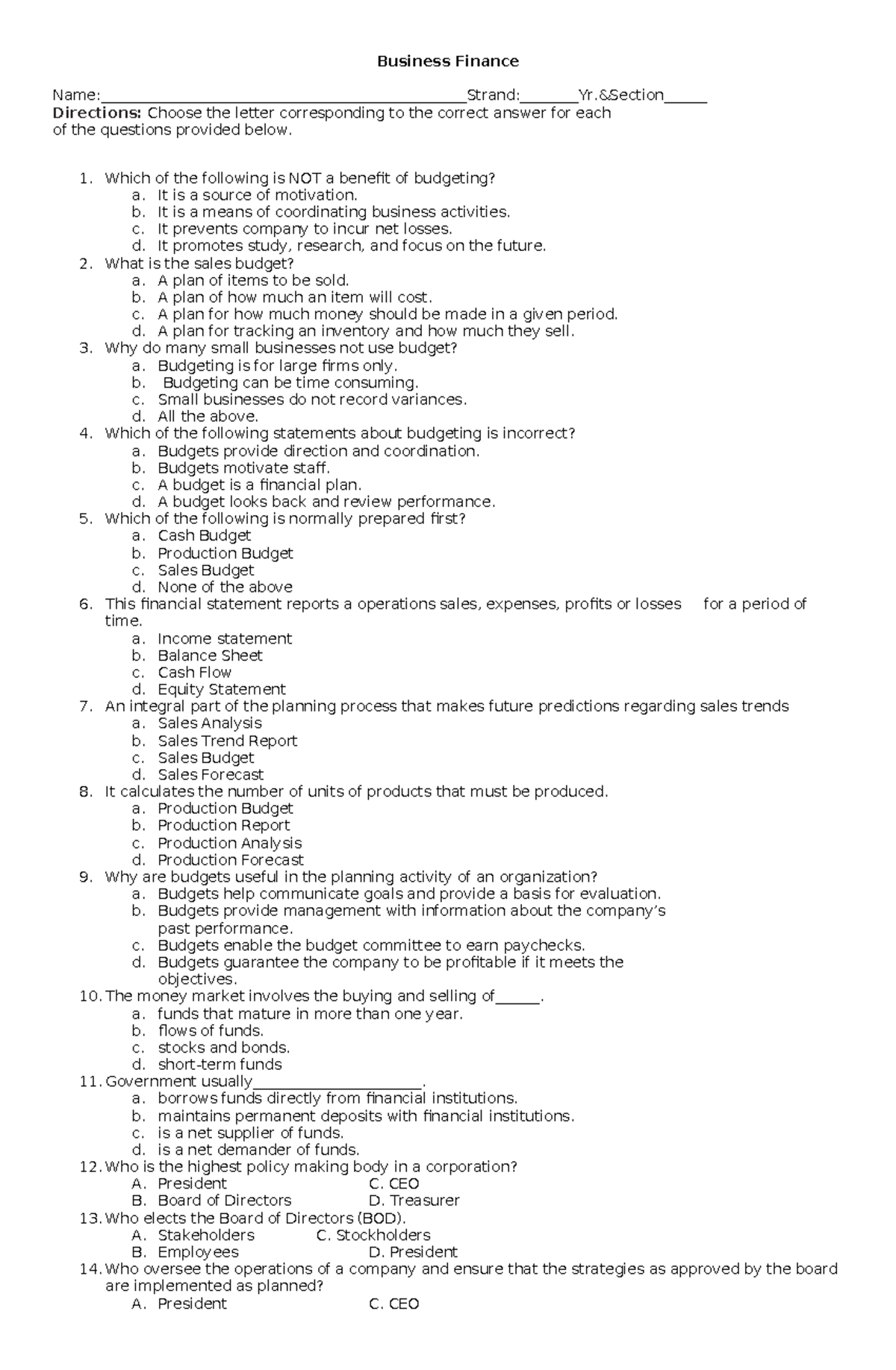 BF Diagnostic-Exam - notes - Business Finance - Studocu