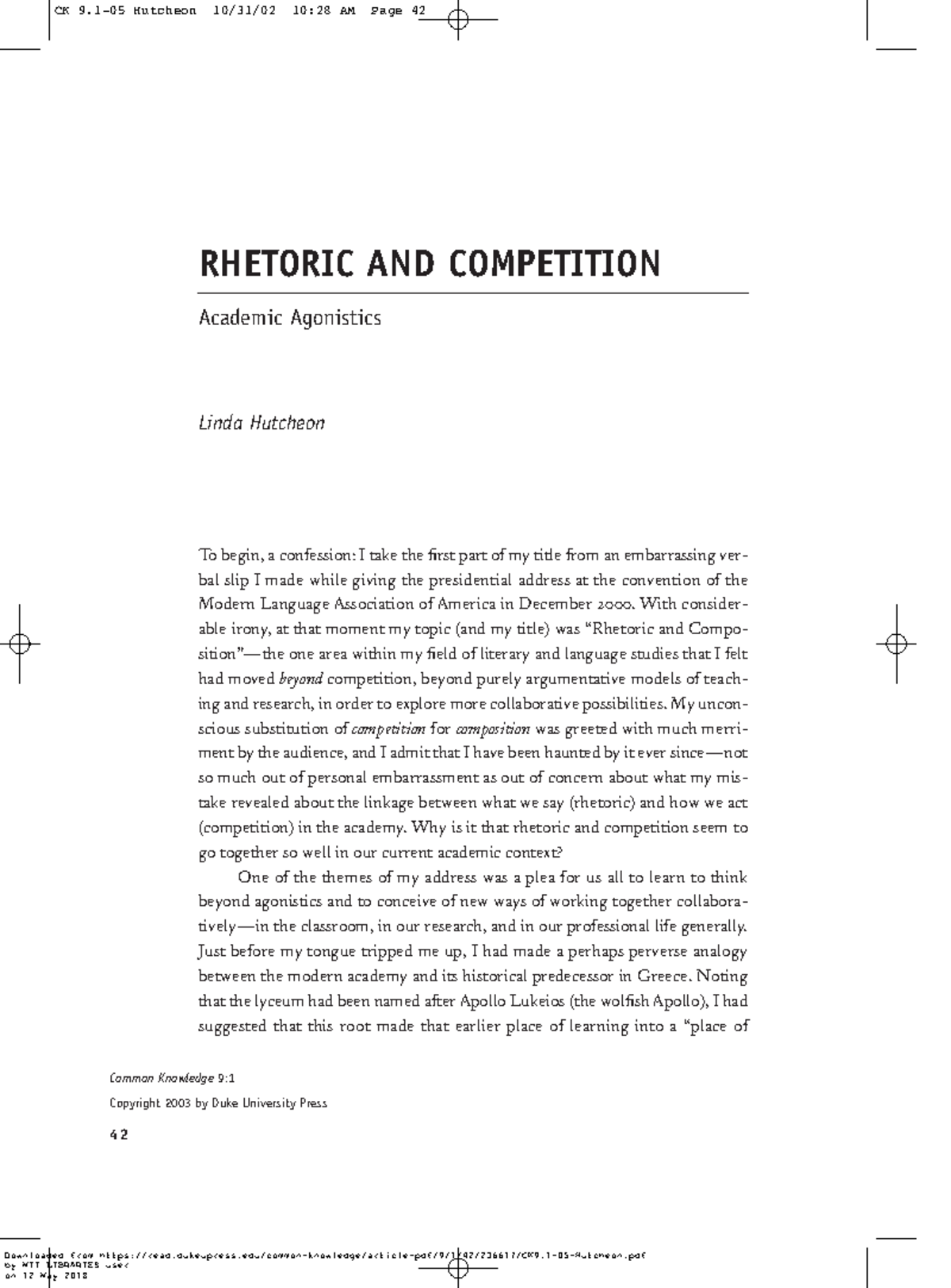 Hutcheon L 2003 Rhetoric&Competition Common Knowledge 9 1 42 - RHETORIC ...