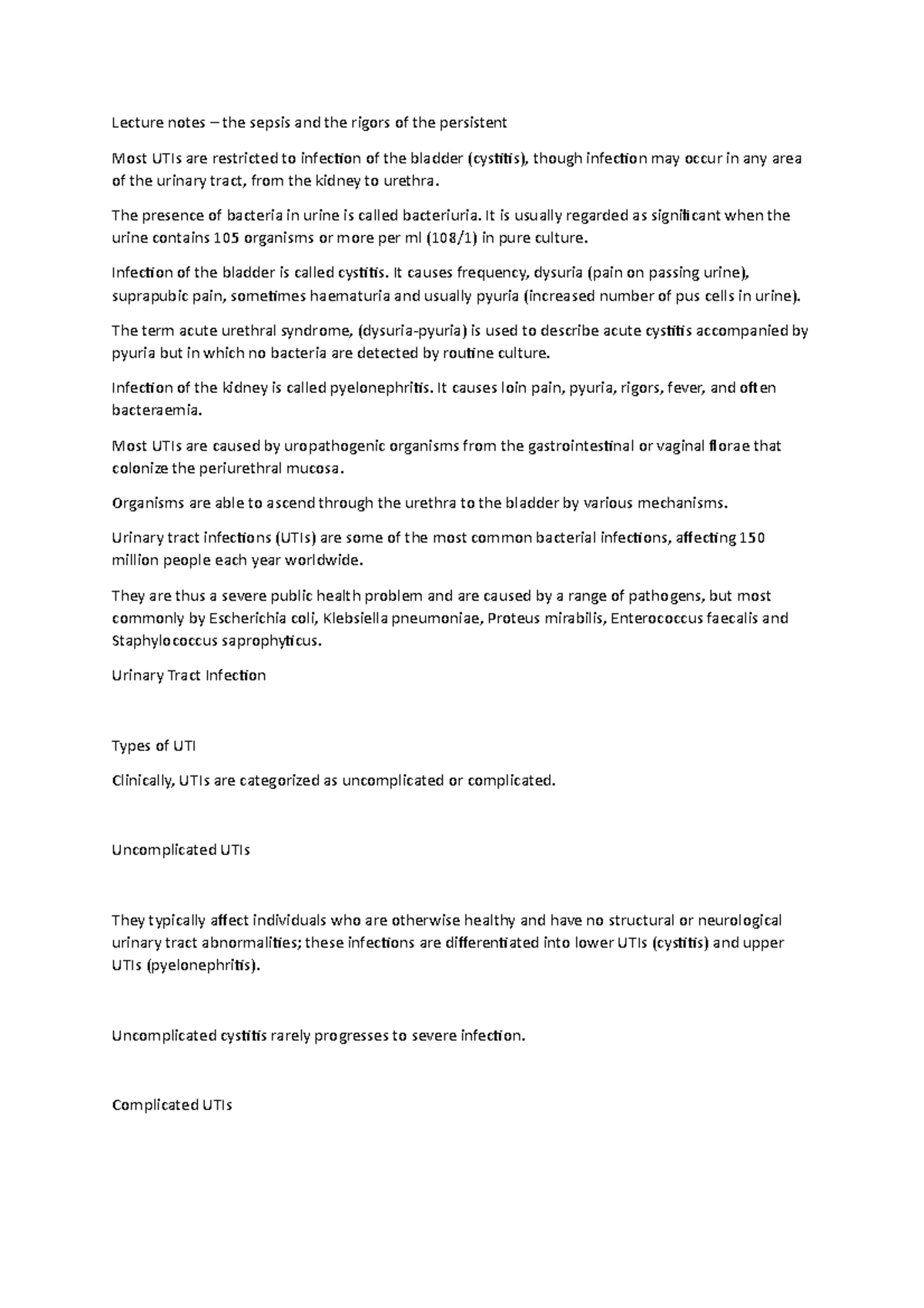 Lecture notes – the sepsis and the rigors of the persistent - The ...