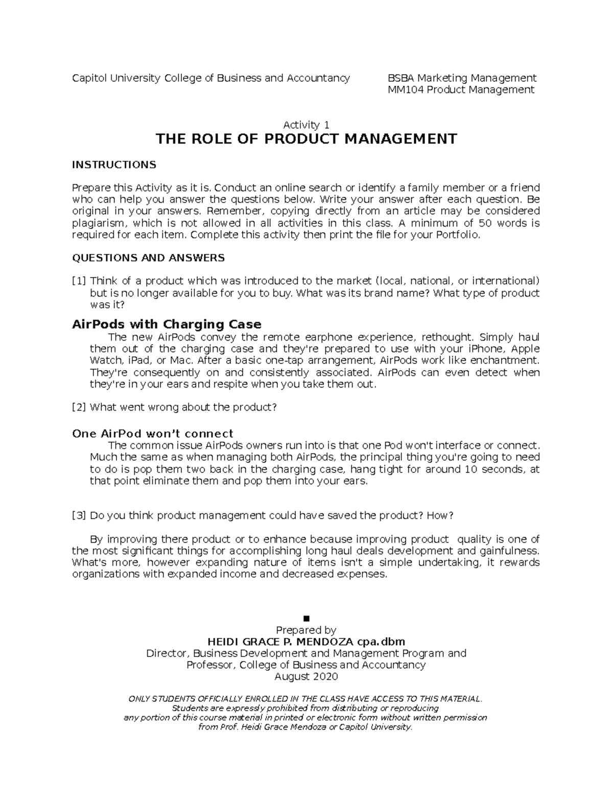 THE ROLE OF Product Management - Capitol University College of Business ...