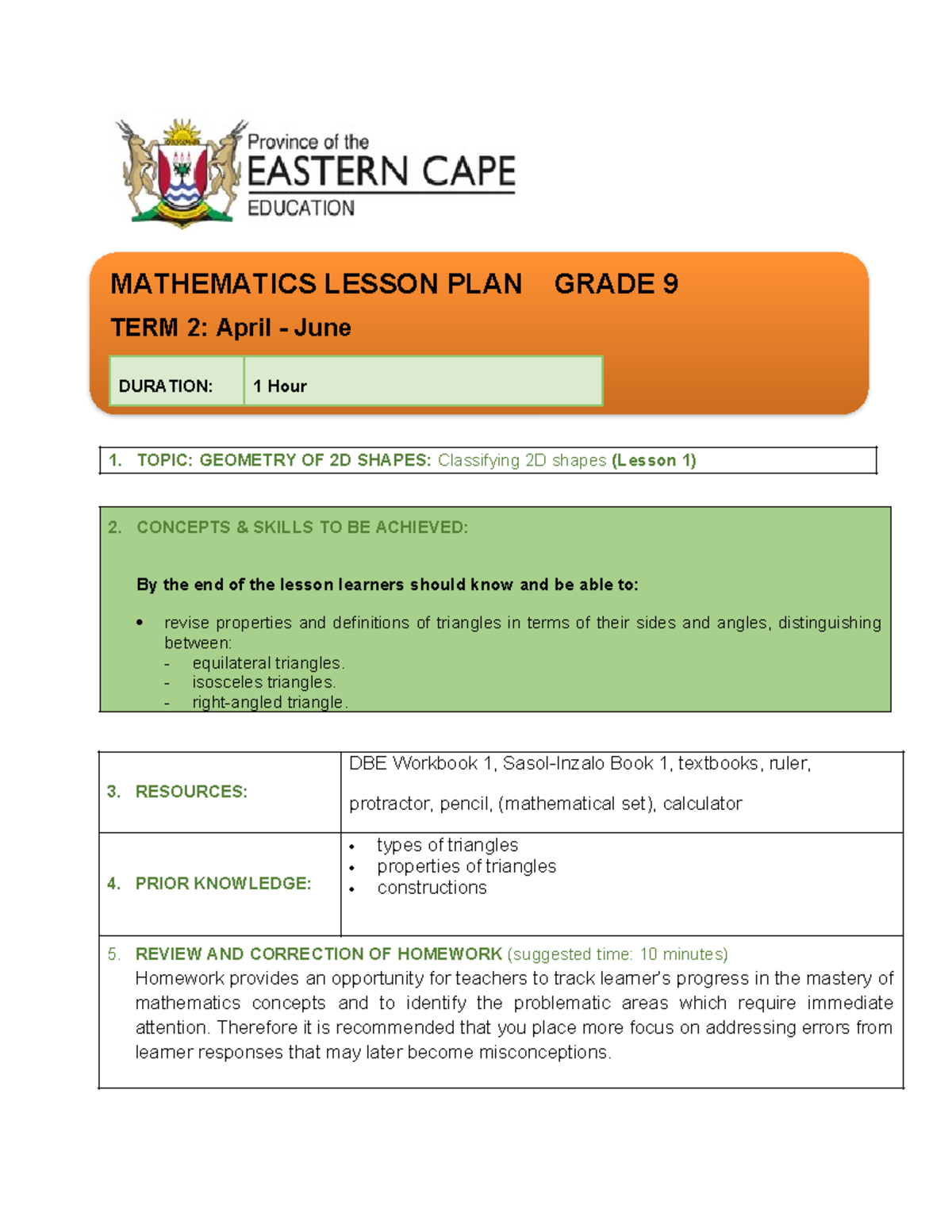 Maths Grade 9 TERM 2 Lesson Plans - 1. TOPIC: GEOMETRY OF 2D SHAPES ...